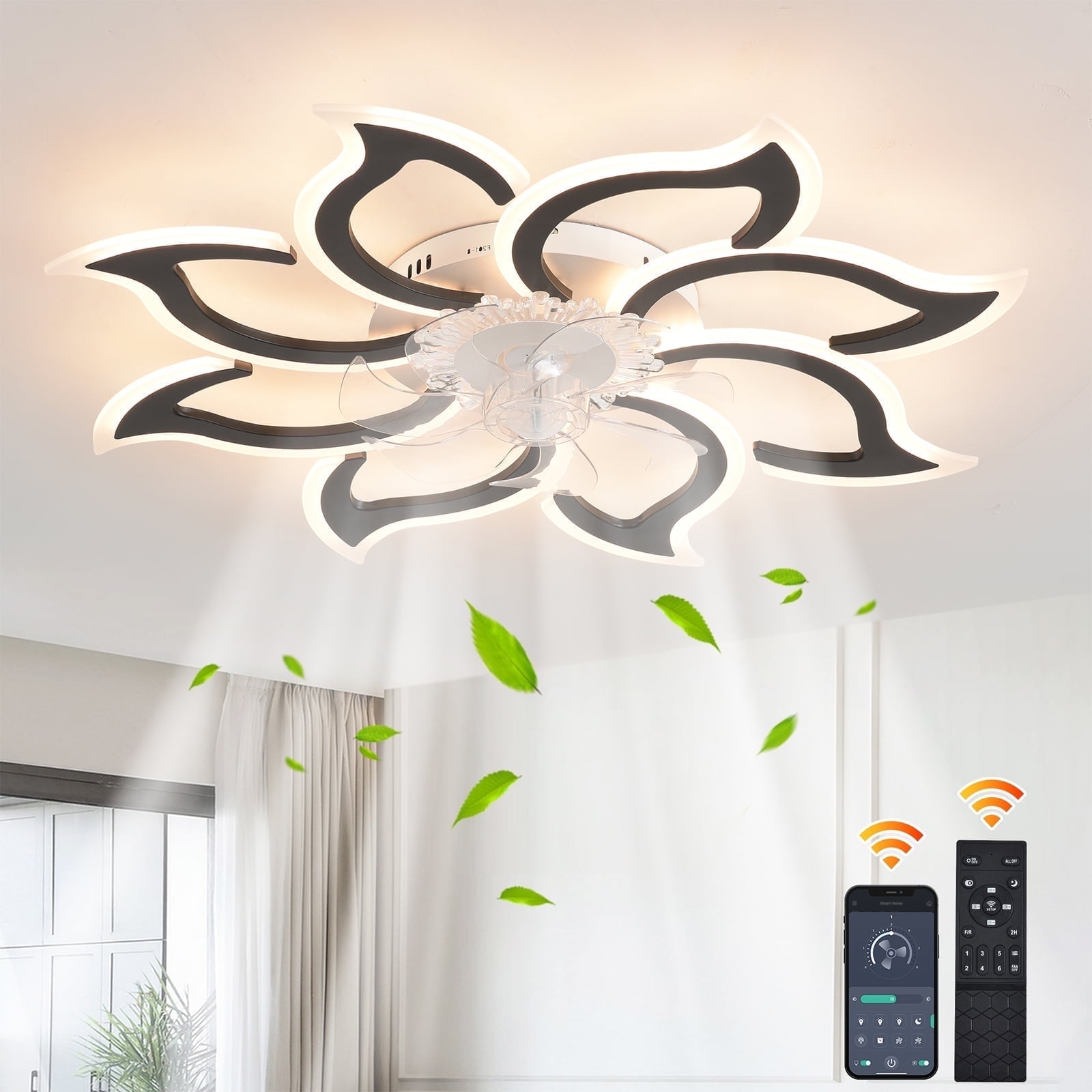 Garwarm Flower Ceiling Fans with Lights and Remote, 35 Inch Modern Low ...