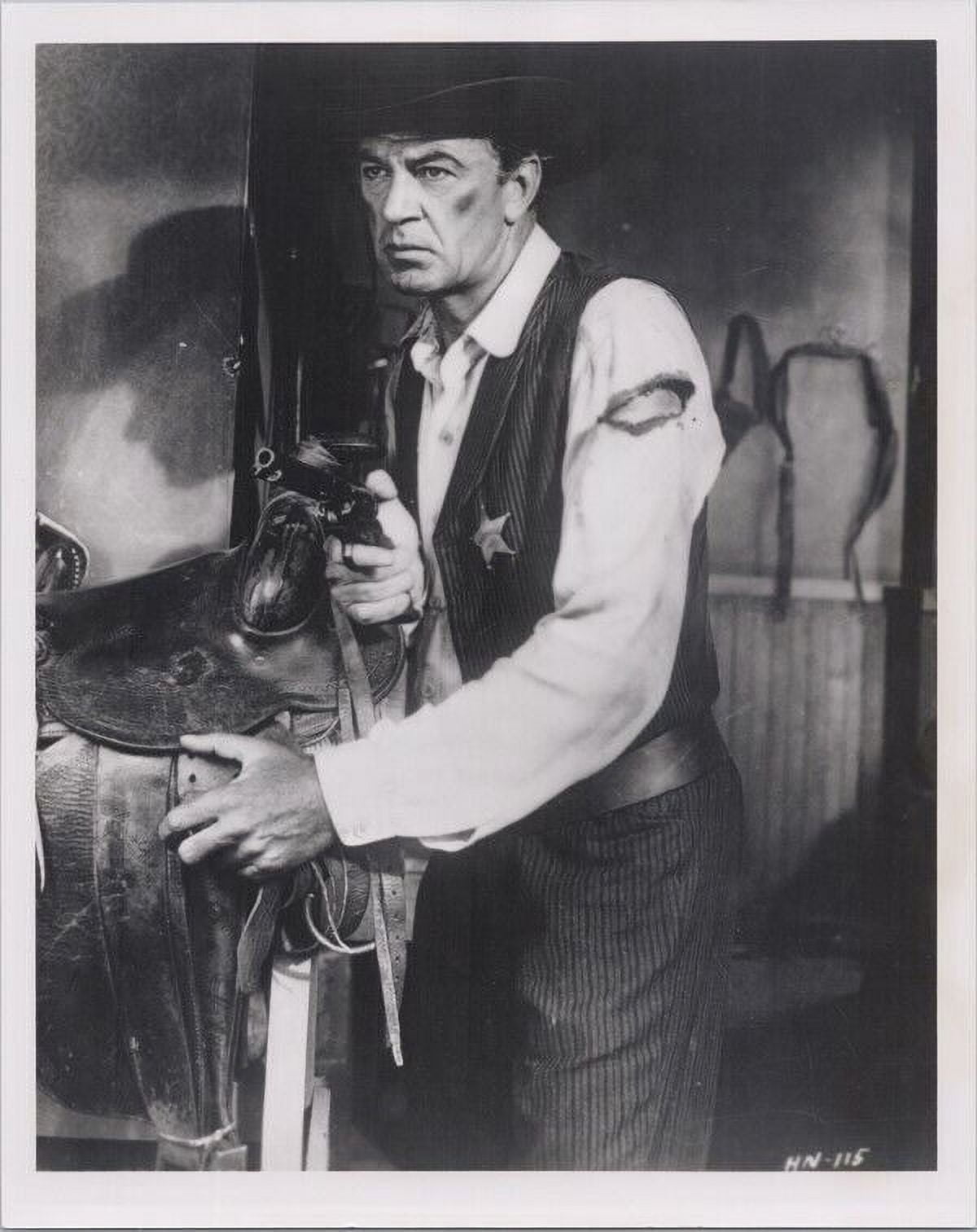Gary Cooper iconic as Will Kane with bullet torn shirt points gun High ...