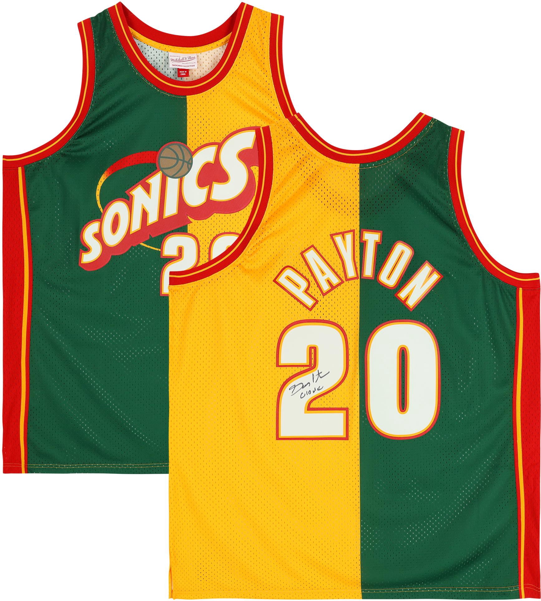 Gary Payton Seattle Supersonics Autographed Green & Yellow Split ...