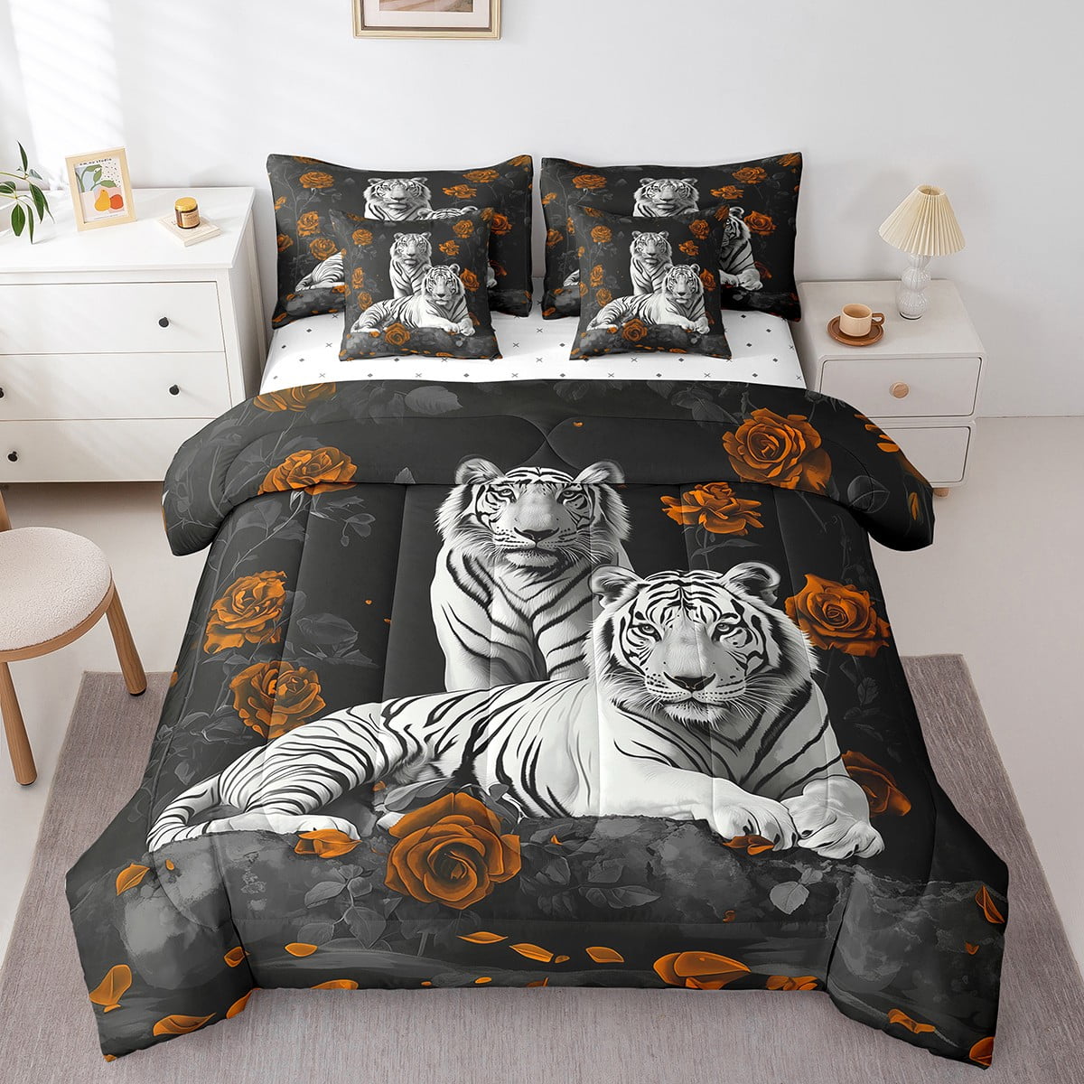 Gary Tiger Bedding Set Orange Rose Painting Comforter,Romantic Tigers 7 ...