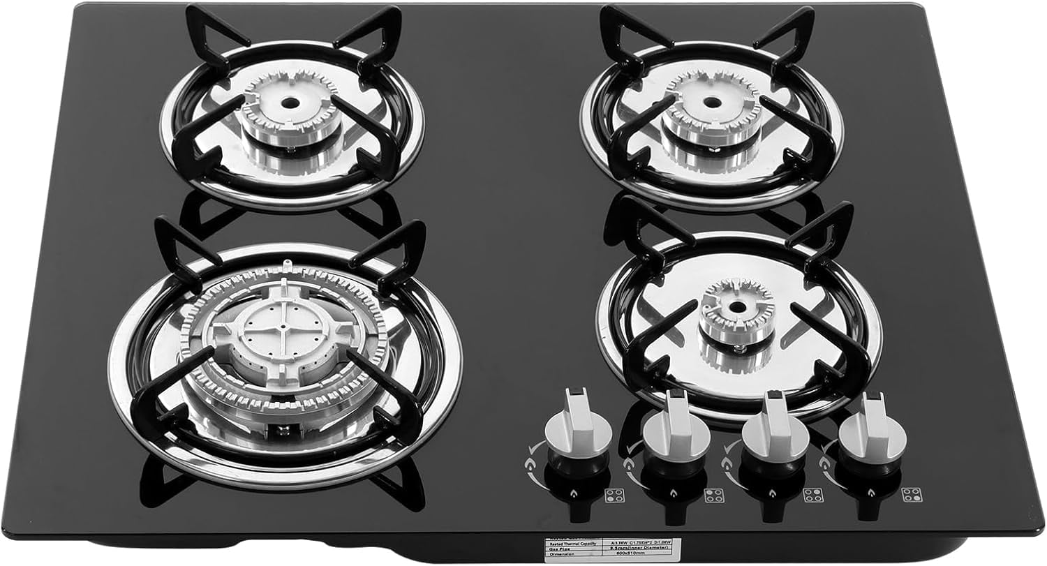Gas Cooktop, 4-Burner Tempered Glass Built-in Gas Stove NG/LPG ...