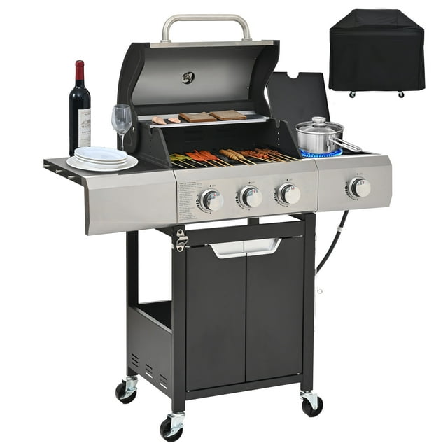 Gas Grill w/Side Burner, 40500BTU Propane Grill with Cover, Stainless ...