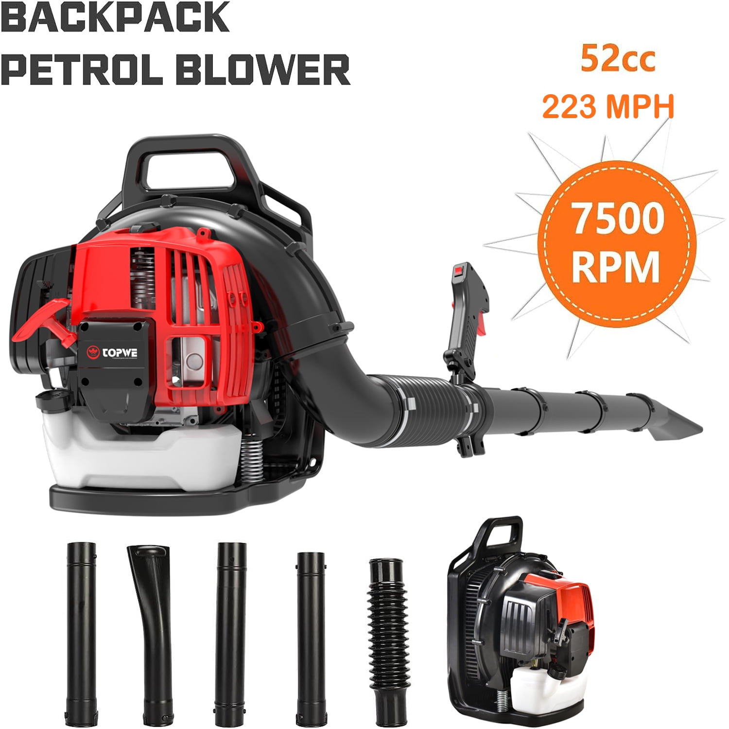 Seizeen 52CC Gas Backpack Leaf Blower, Cordless, 530CFM for Yard, Garden, Snow, Red - Walmart.com