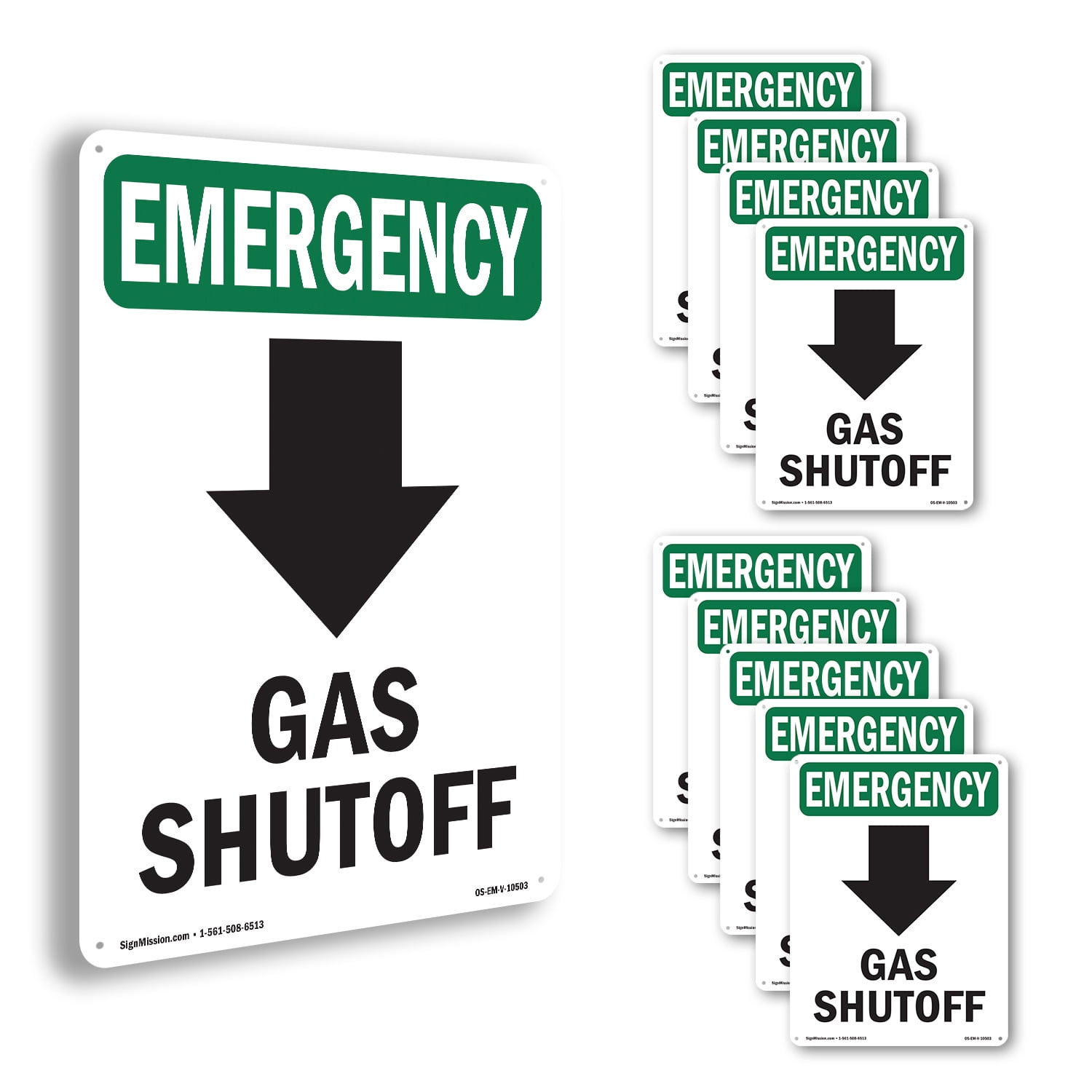 Gas Shutoff [Down Arrow] With Symbol OSHA Emergency Aluminum Sign 24 ...