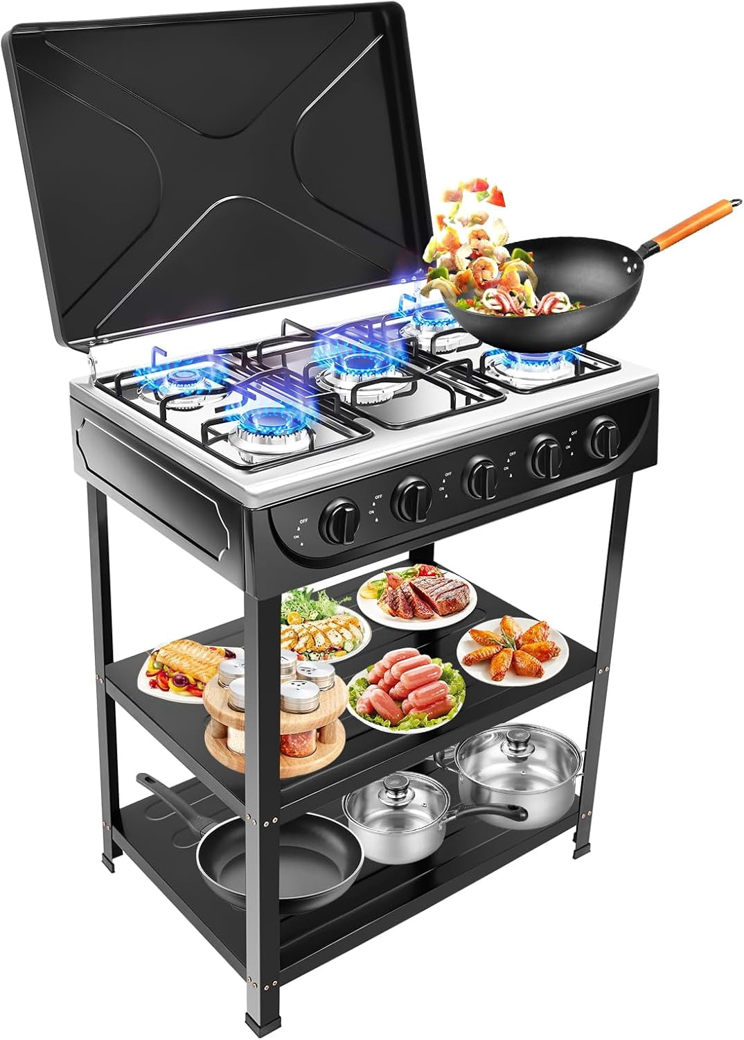 Gas Stove, 5 Burners Portable Gas Stove with Support Leg Stand and Wind ...