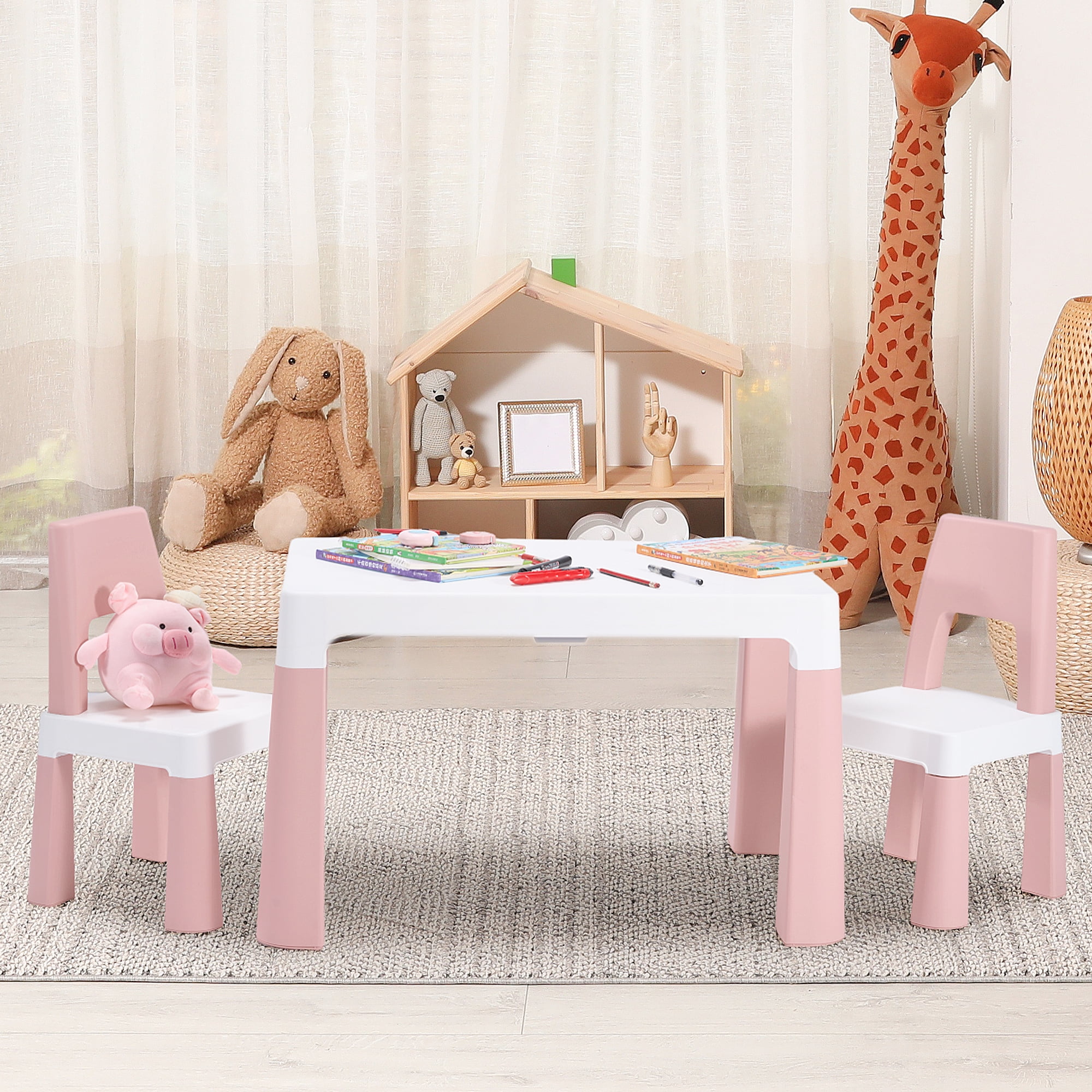 Gasky Table and 2 Chairs Set, 3-Piece Kids Activity Set for Reading ...