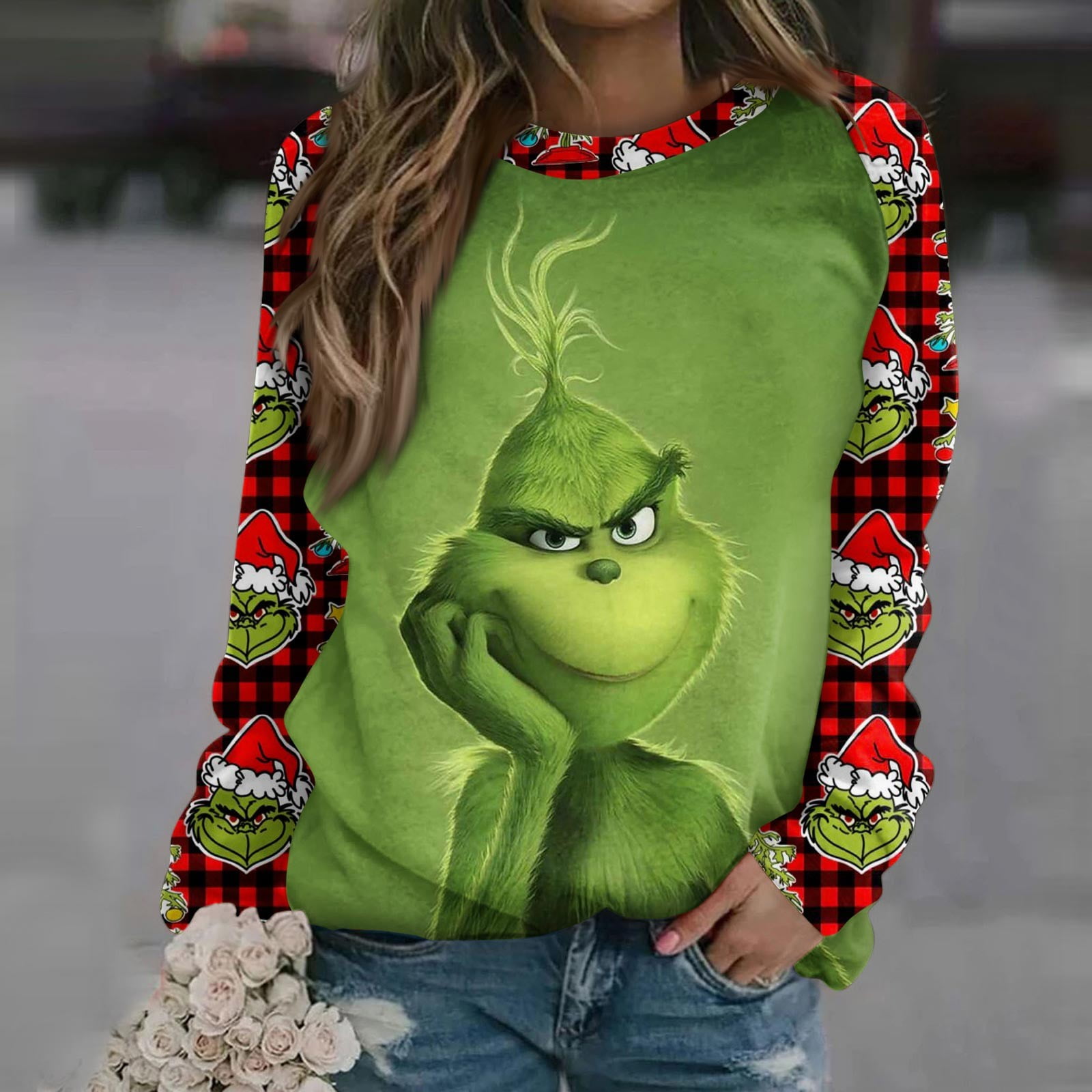 Gasue Grinch Shirts, Women's Casual Flower Print Long Sleeve Round Neck ...