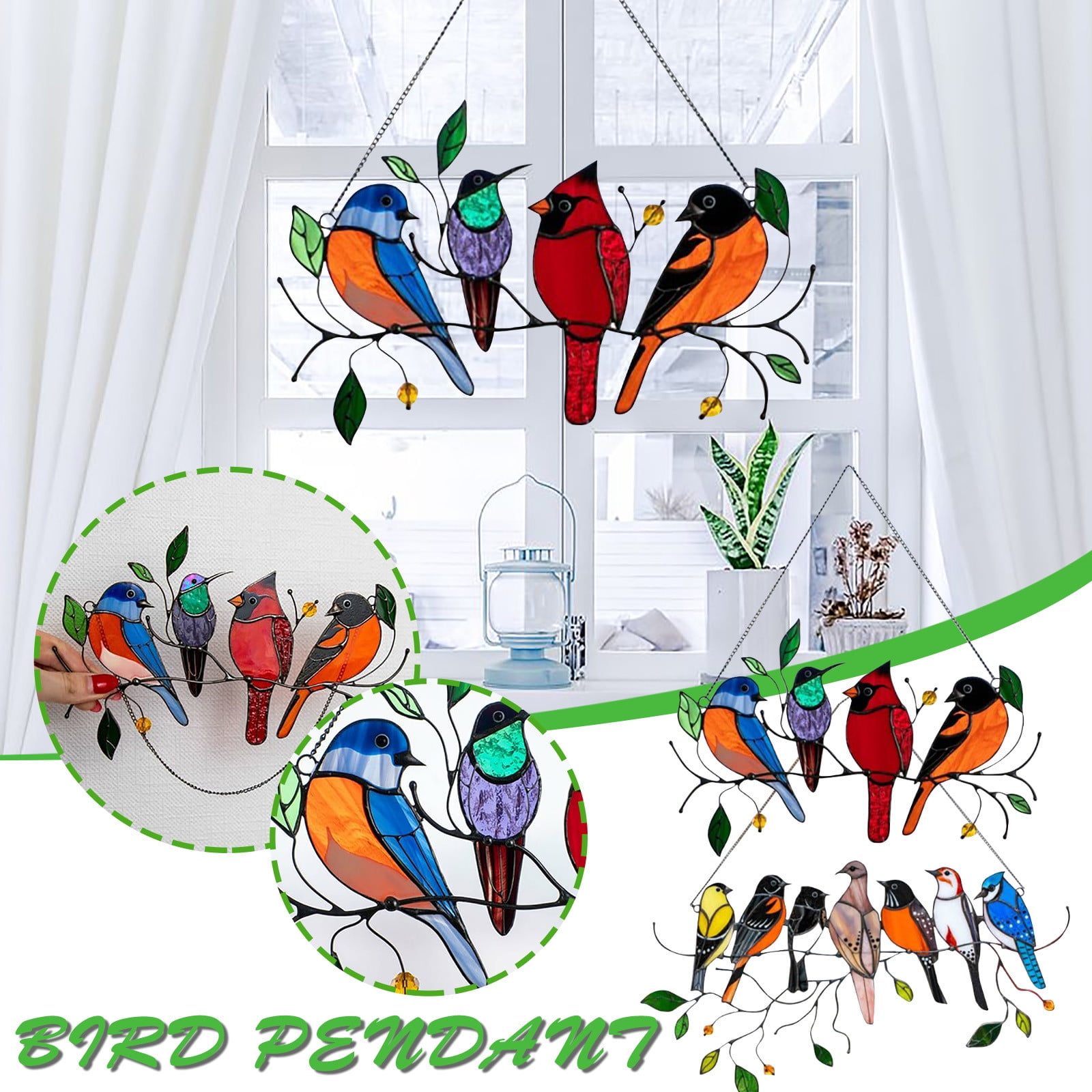 Gasue Room Decor, Multicolor Birds On A Wire High Stained Suncatcher ...