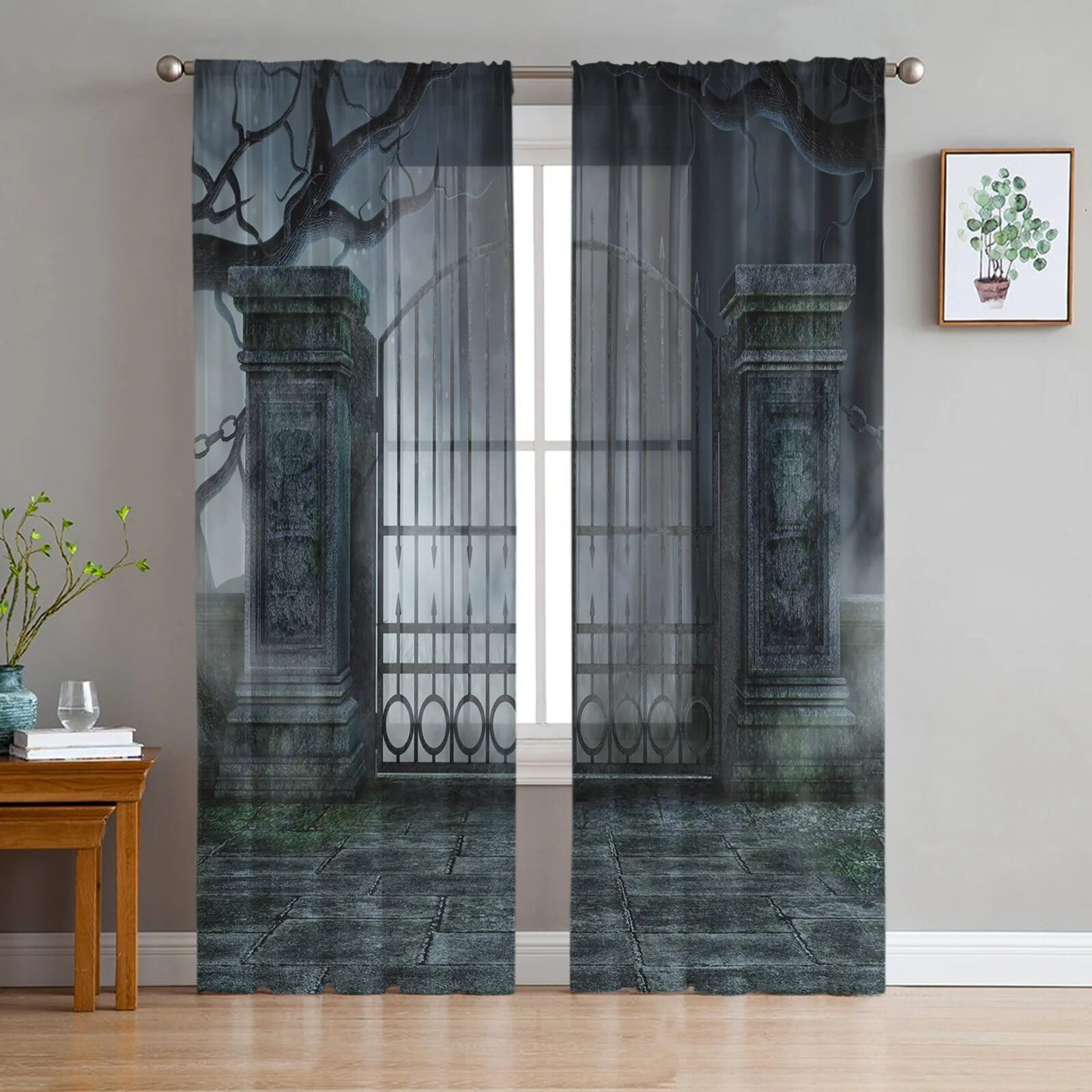 Gate Mystery Dark Halloween Horror Forest Sheer Curtains for Living ...