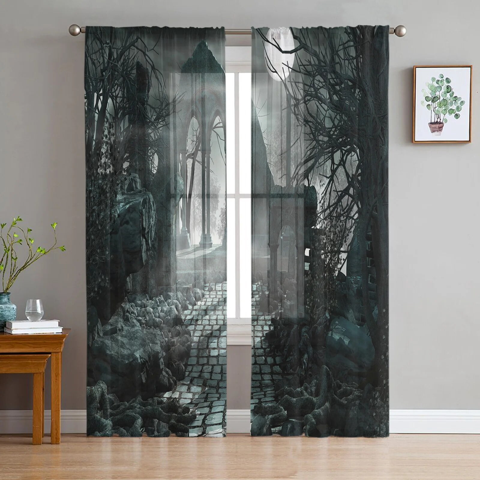 Gate Mystery Dark Halloween Horror Forest Sheer Curtains for Living ...