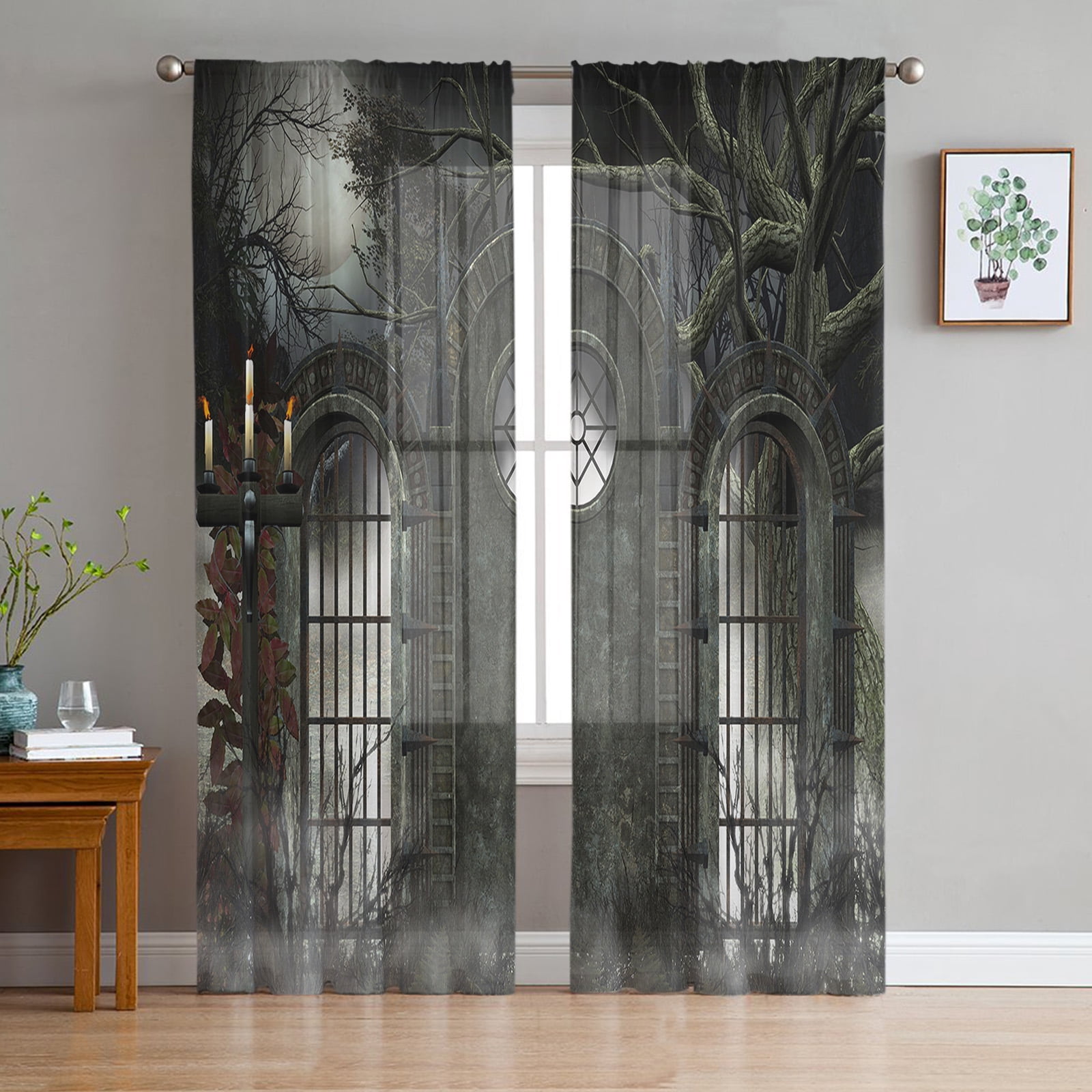 Gate Mystery Dark Halloween Horror Forest Sheer Curtains for Living ...