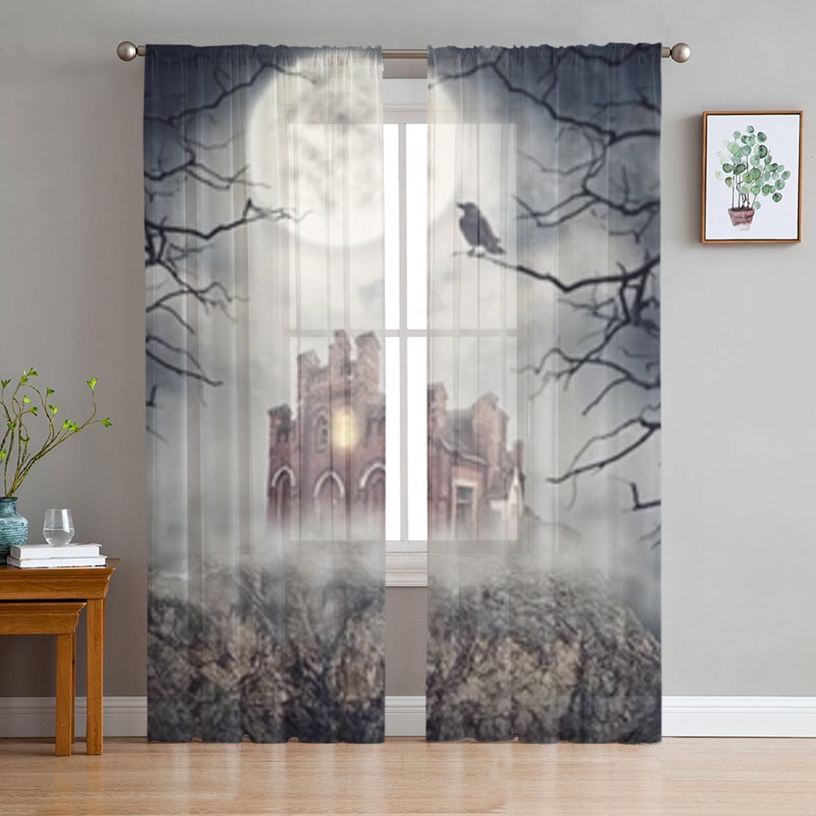 Gate Mystery Dark Halloween Horror Forest Sheer Curtains for Living ...