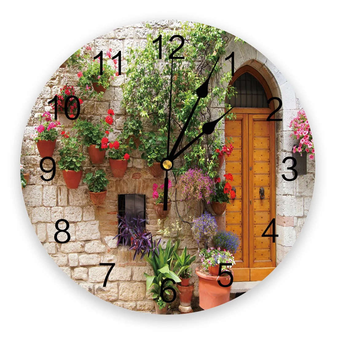 Gate Wood Flowerpot Flowers Leaves Plant Wall Clocks Silent Home Cafe ...