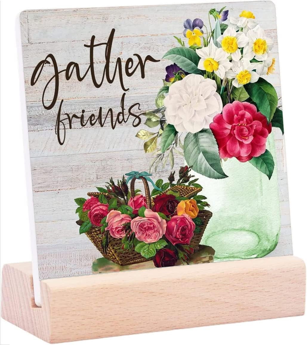 Gather Friends Watercolor Floral Flowers Country Ceramic Table Plaque ...