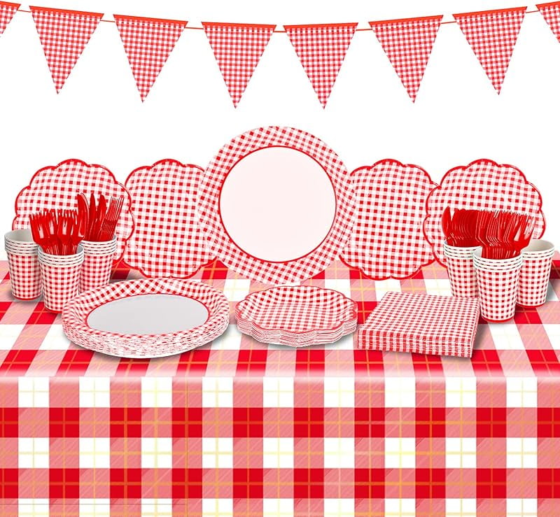 Gatherfun Gingham Red and White Party Supplies Disposable Paper Plates ...