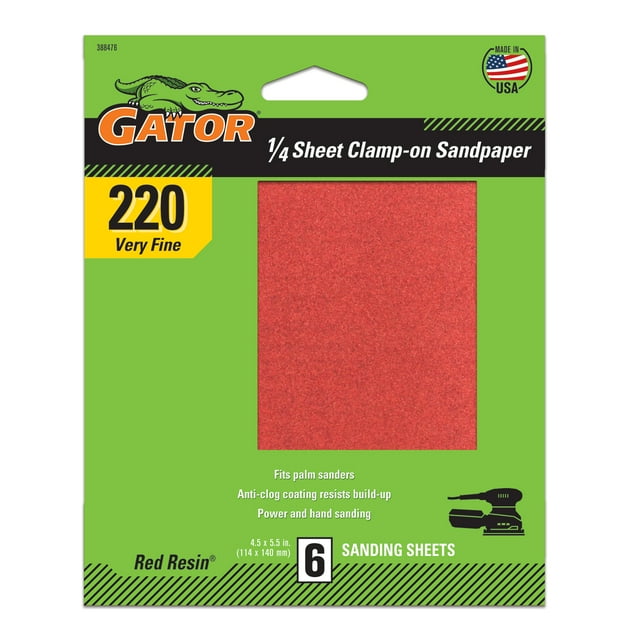 Gator 4.5-Inch x 5.5-Inch 220 Grit Red Resin Sandpaper, 6 pieces ...