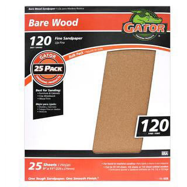 Gator 4226 Bare Wood Sandpaper Sheet, 120 Grit, 9" x 11", Each ...