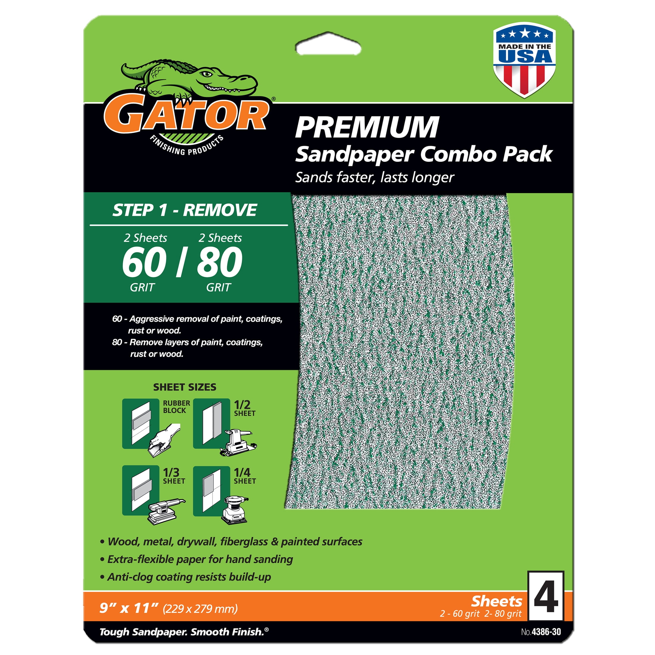 Gator 9 In. x 11 In. Premium Multi-Surface Sandpaper,60/80G,4pk ...