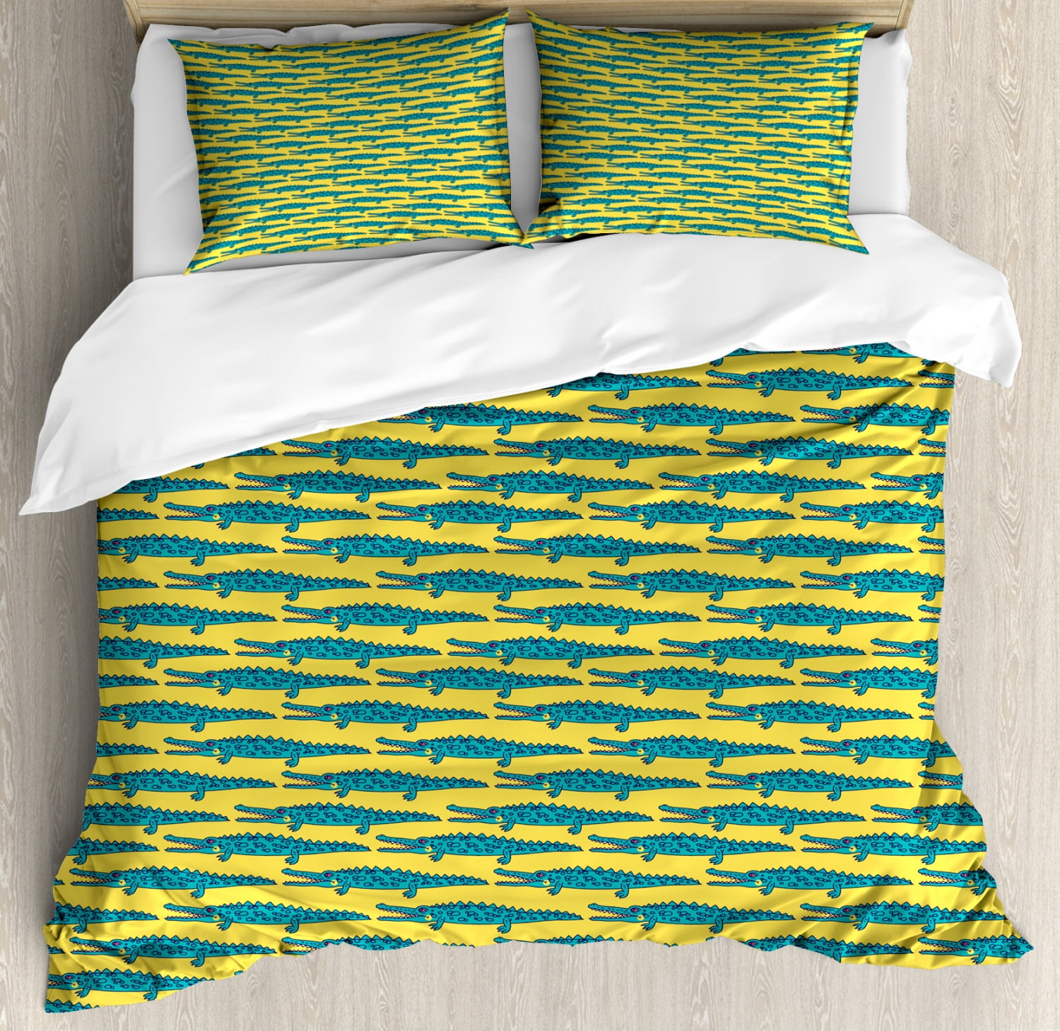 Gator Duvet Cover Set Queen Size, Repetitive Doodle Style Drawing of Crocodile Pattern Predator ...