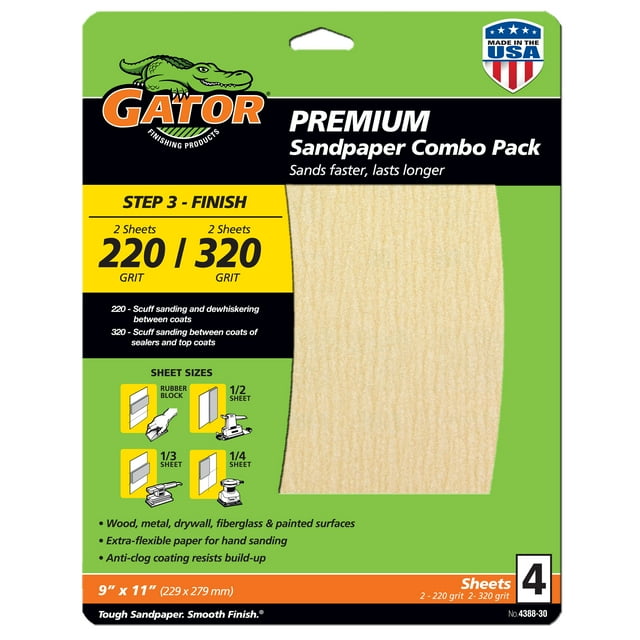 Gator Premium 9"x 11"Multi-Surface 220/320 Grit Sanding Sheets, 4 Count ...