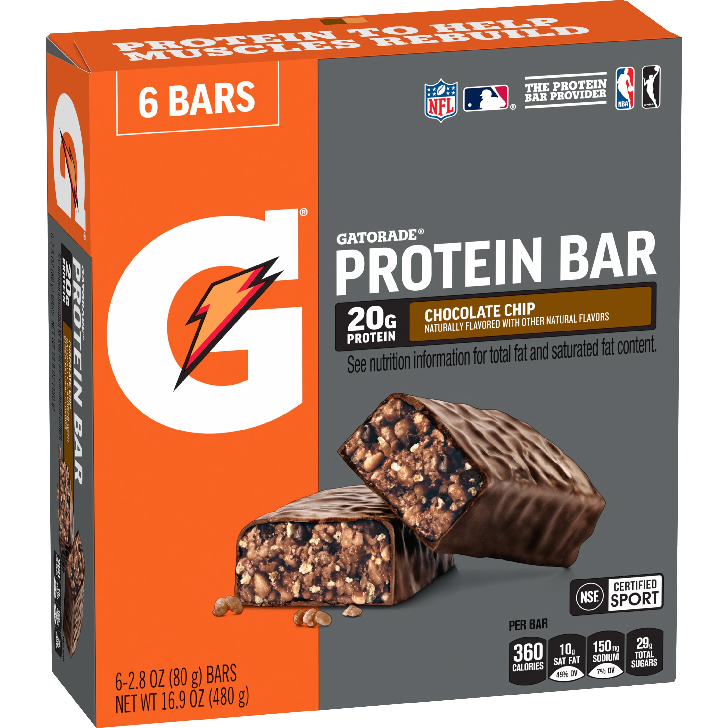 Gatorade Chocolate Chip Protein Bar, 2.8 oz, 6 Count - Walmart.com