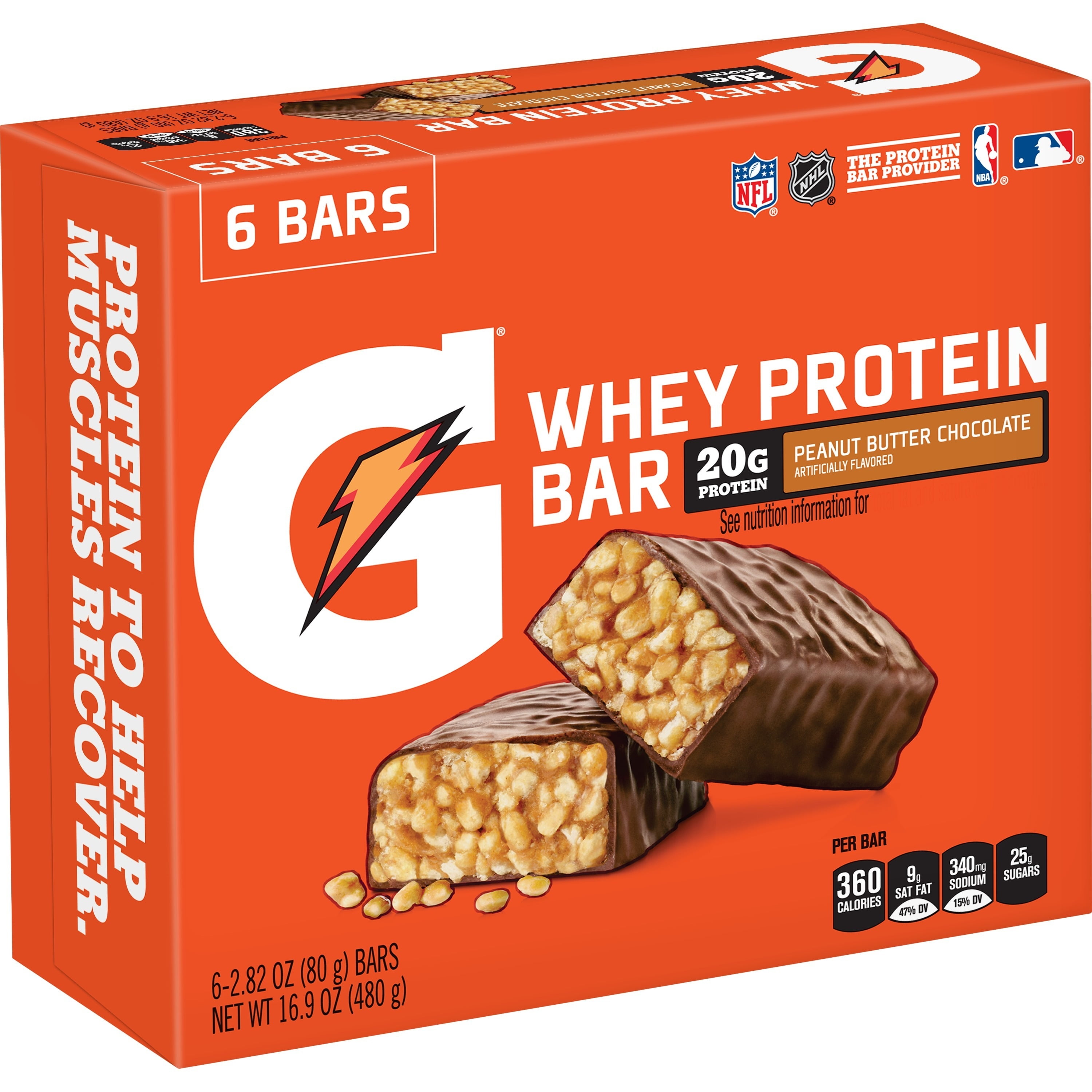 Gatorade Peanut Butter Chocolate Whey Protein Bars, 20g Protein, 6 Pack ...