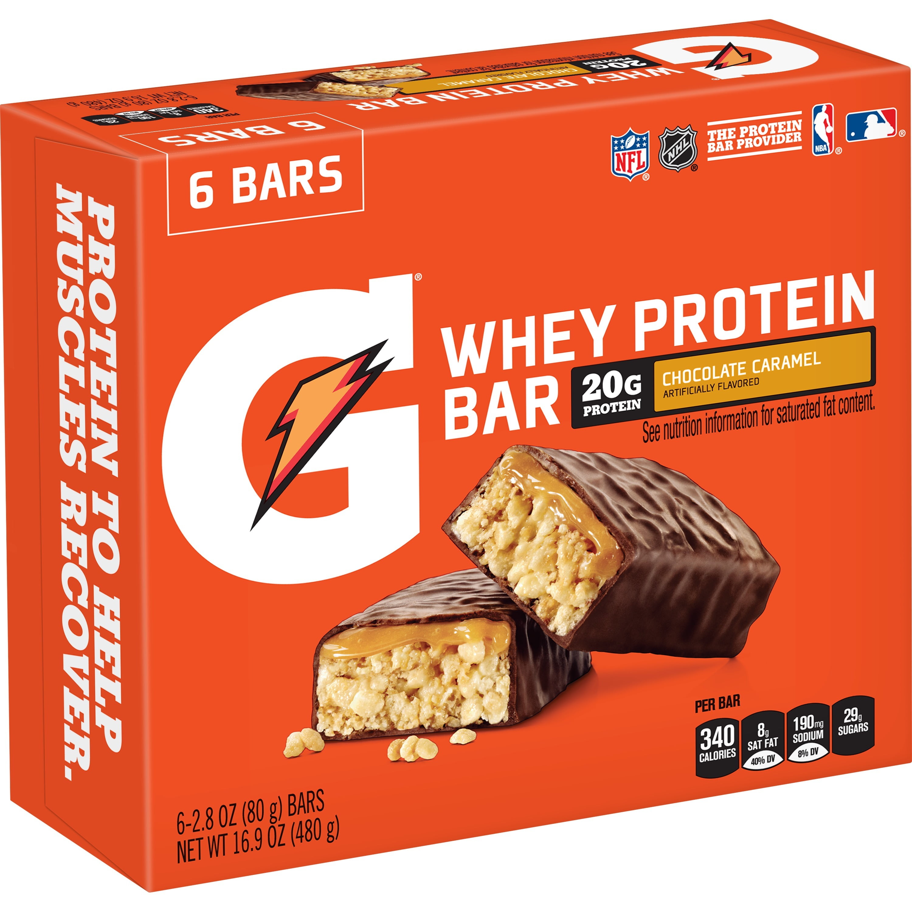 Gatorade Whey Protein Recover Bar, Chocolate Caramel, 20g Protein, 6 Ct ...