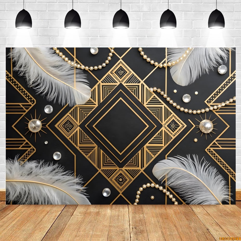 Gatsby Theme Backdrop Boho Leaves Black Gold Lines Birthday Party r ...