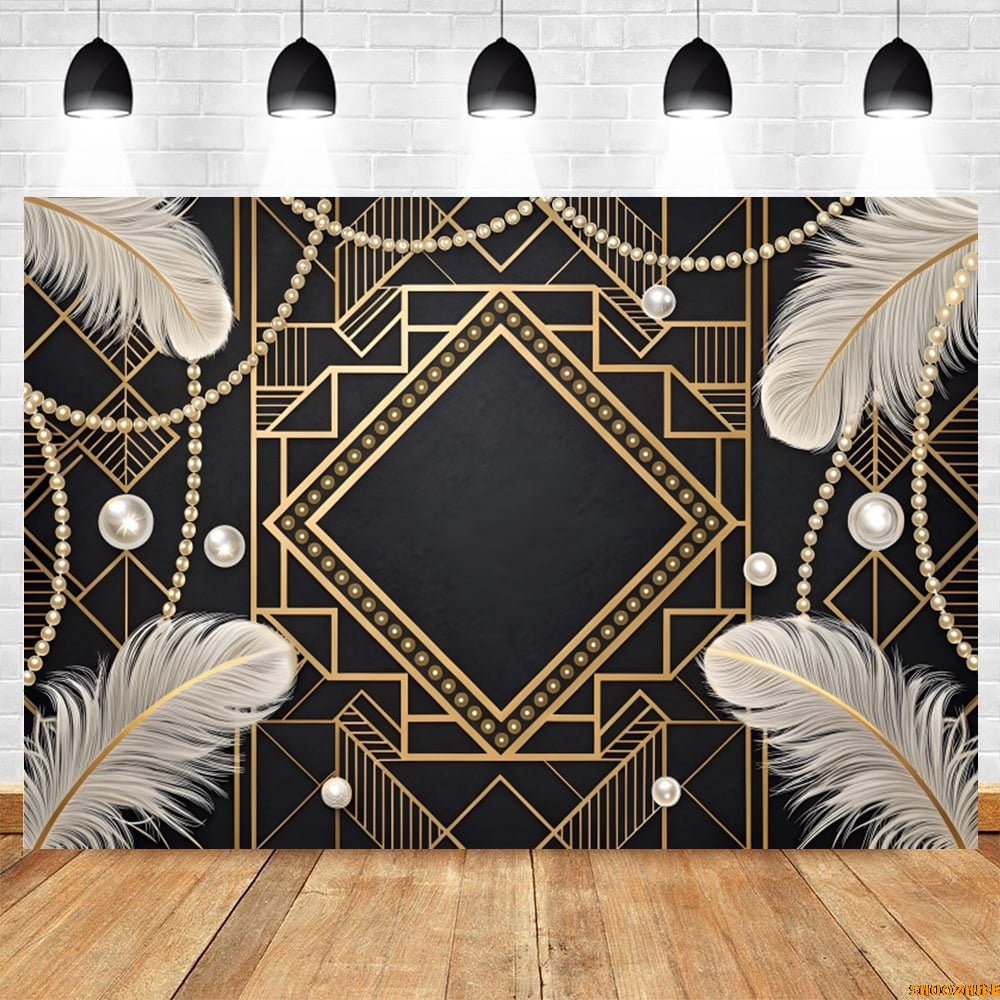 Gatsby Theme Backdrop Boho Leaves Black Gold Lines Birthday Party r ...