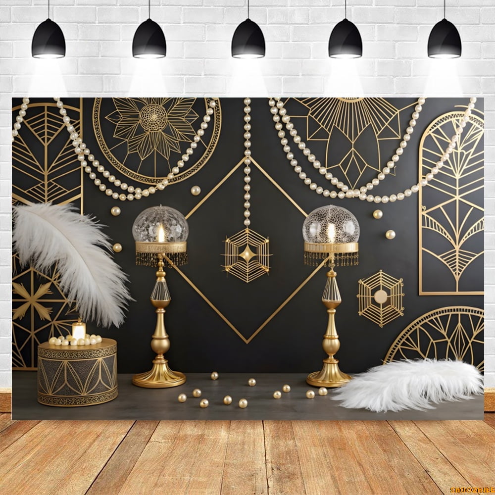 Gatsby Theme Backdrop Boho Leaves Black Gold Lines Birthday Party r ...