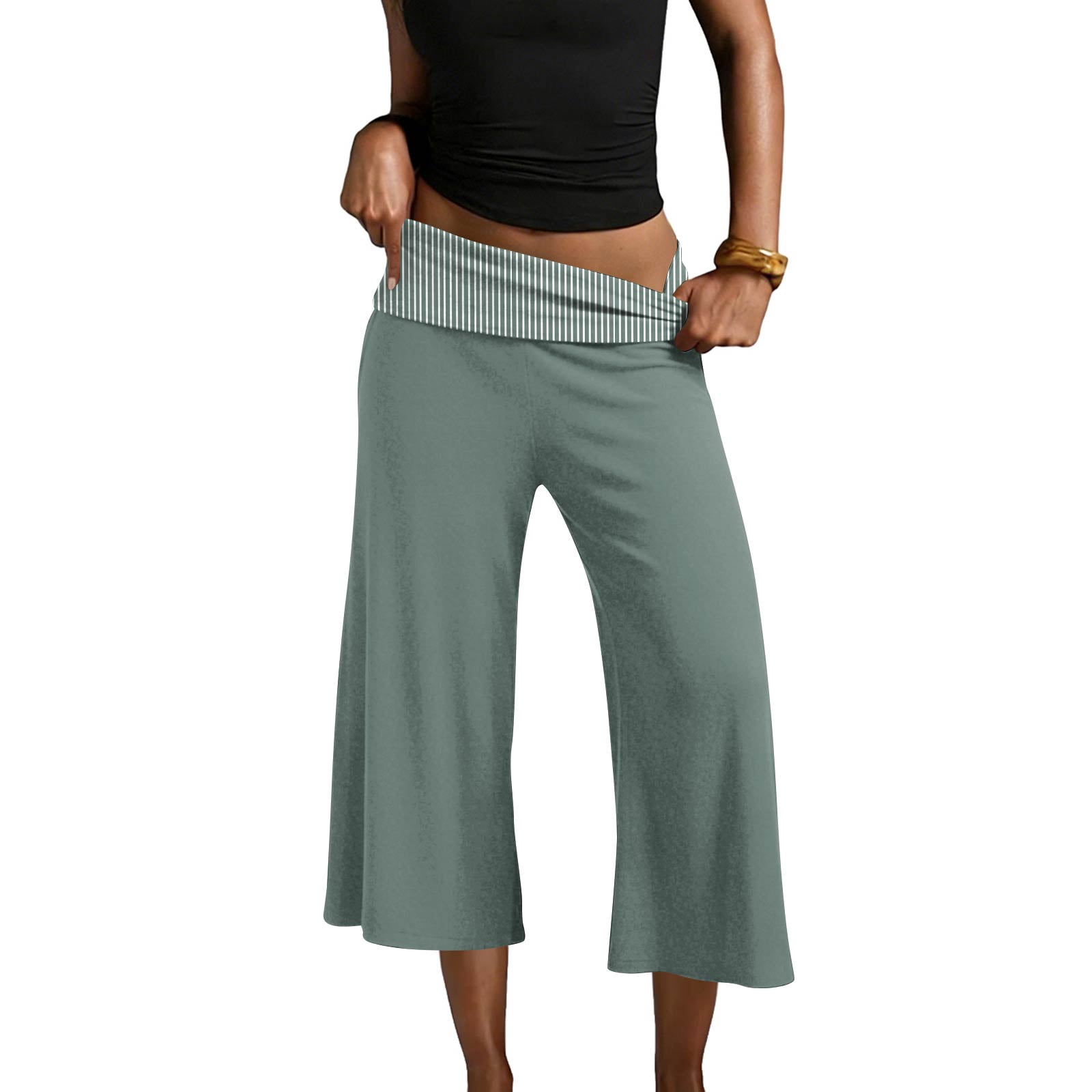 Gaucho Capri Pants for Women Fold Over Cropped Pants Low Rise Wide Leg ...