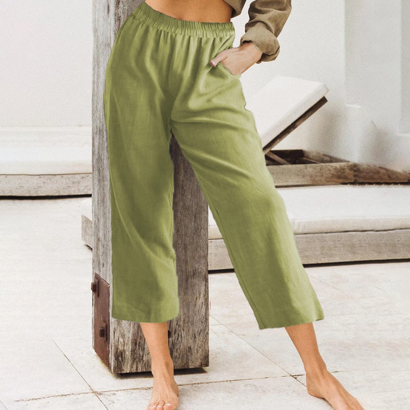 Gaucho Pants for Women,Capri Wide Leg Pants for Women,OHGOD High-Waisted Women's Cotton-Linen ...