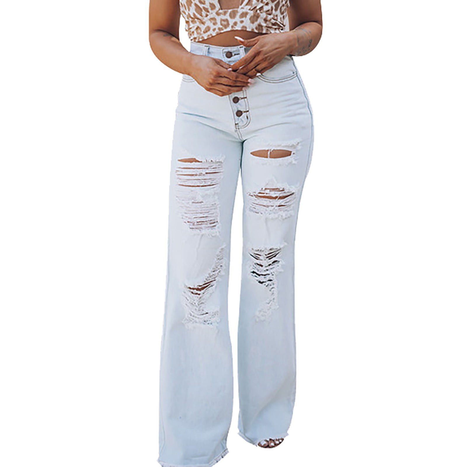 Gaucho Pants For Women Ultra Pocket Casual Pants High Waist Summer Straight Hole Broken Micro