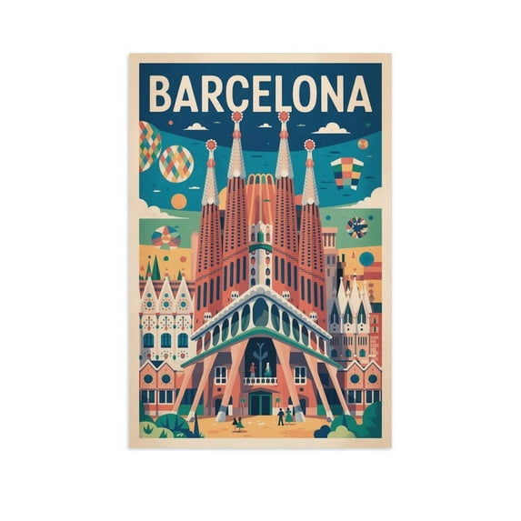 Gaudí Architecture Classic Poster Retro Barcelona Cityscape with ...