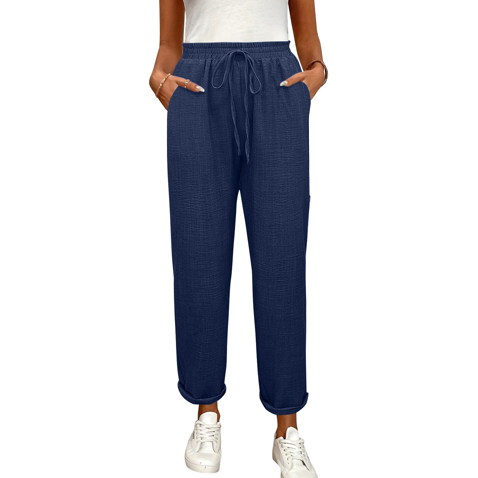 Gauze Linen Pants for Women Elastic Waist Drawstring Ankle Length Wide ...