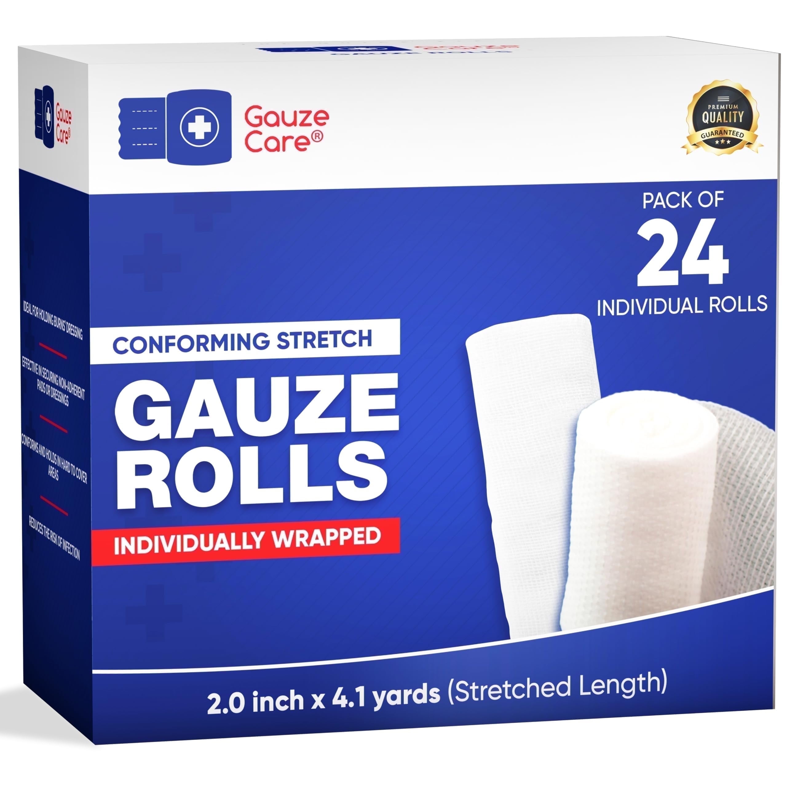 Gauze Rolls 24-Pack – 2" x 4.1 yd, Lint and Latex-Free, Conforming Stretch Bandages for First ...