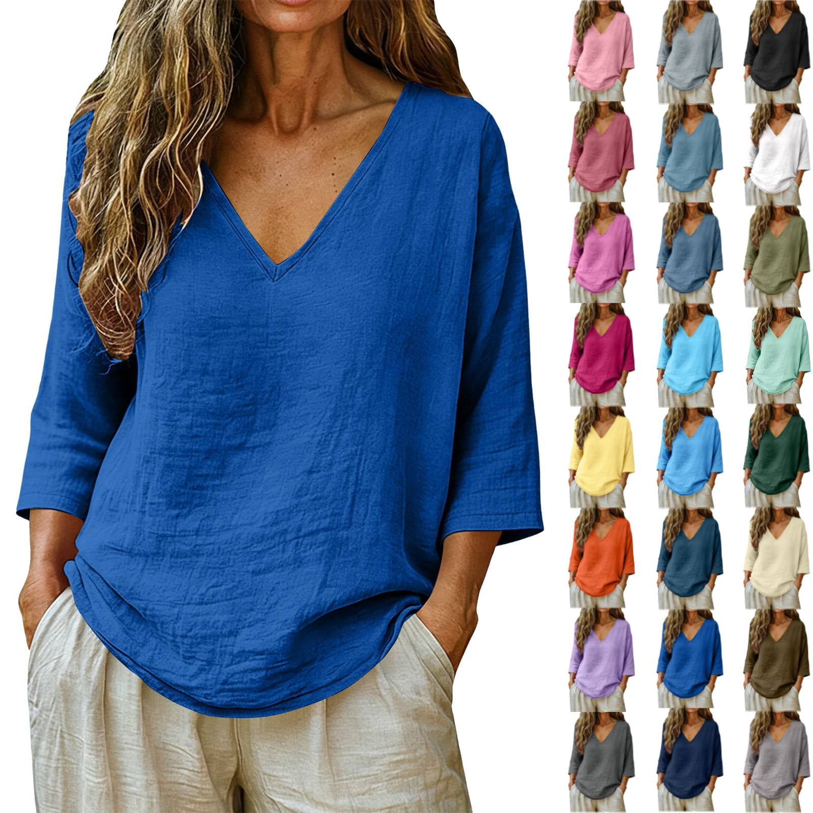 Gauze Tops Womens Summer Casual Linen Cotton Tunic Blouse 3/4 Sleeve ...