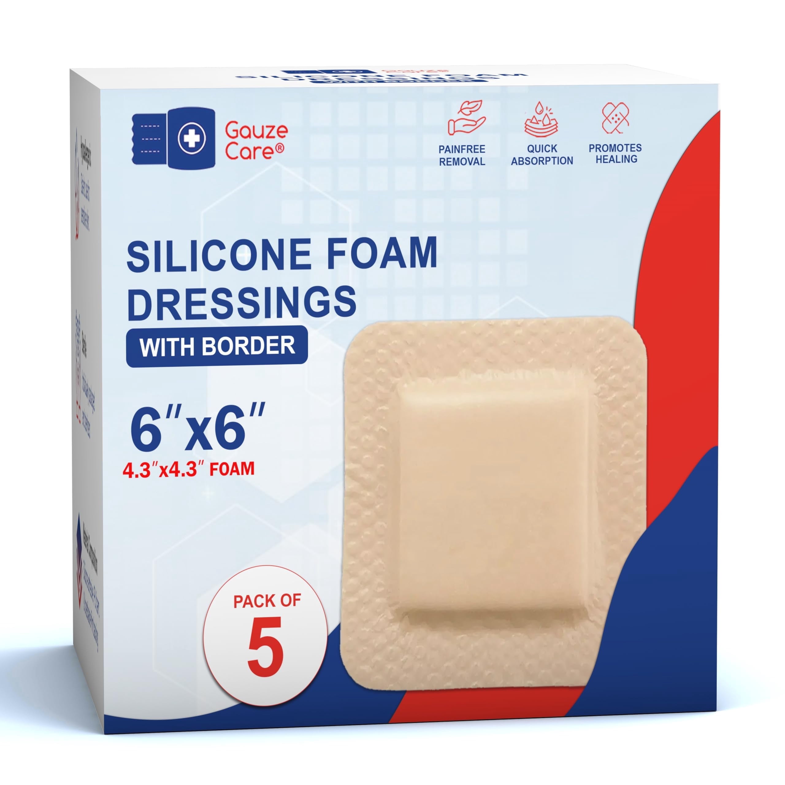GauzeCare Silicone Foam Dressing 6x6 (Pack of 5) – Waterproof Wound ...