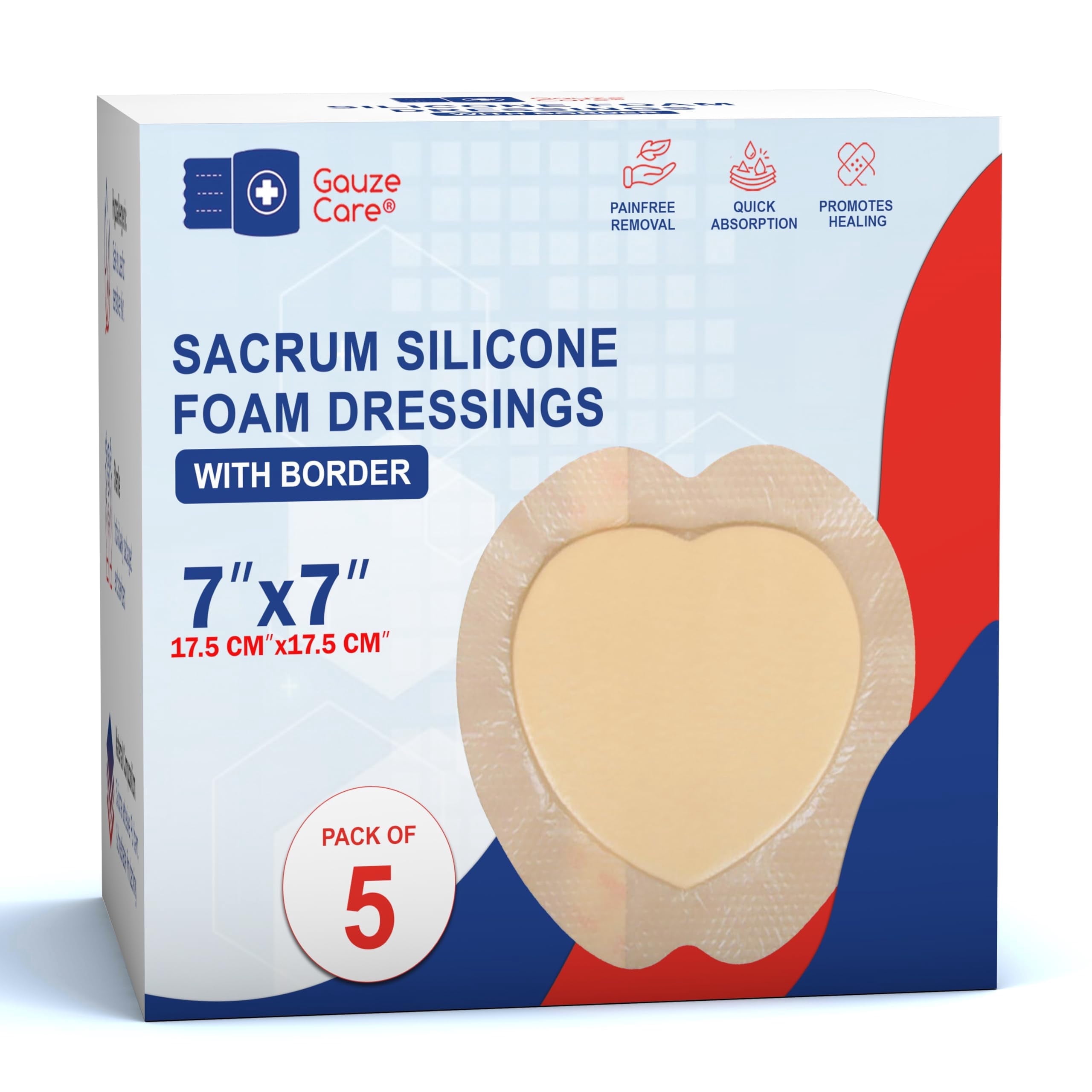 GauzeCare Silicone Sacrum Foam Dressing 7x7 (Pack of 5) – Waterproof ...