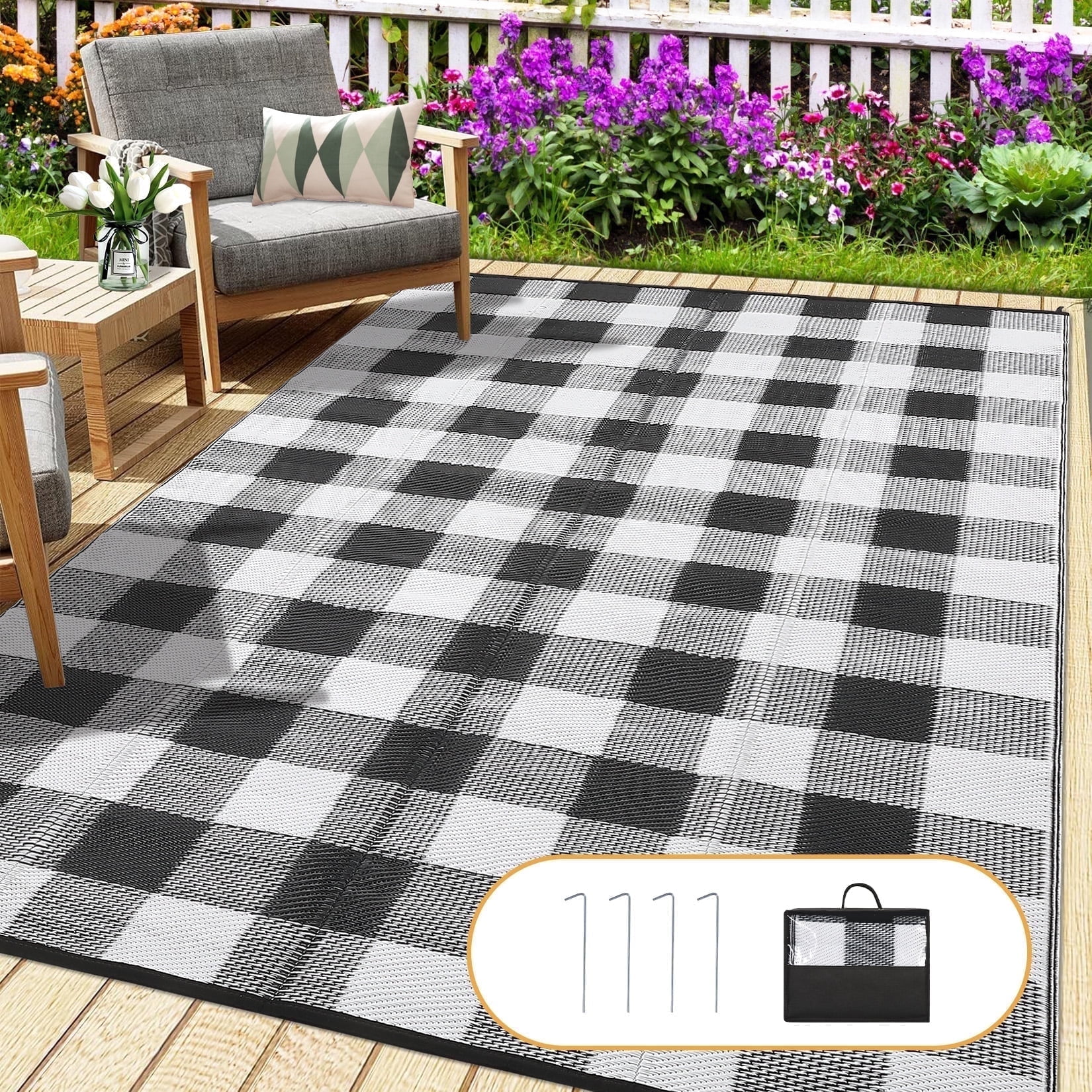Gavee 8'x10' Plaid Outdoor Rug, Waterproof Reversible Patio Area Rug ...