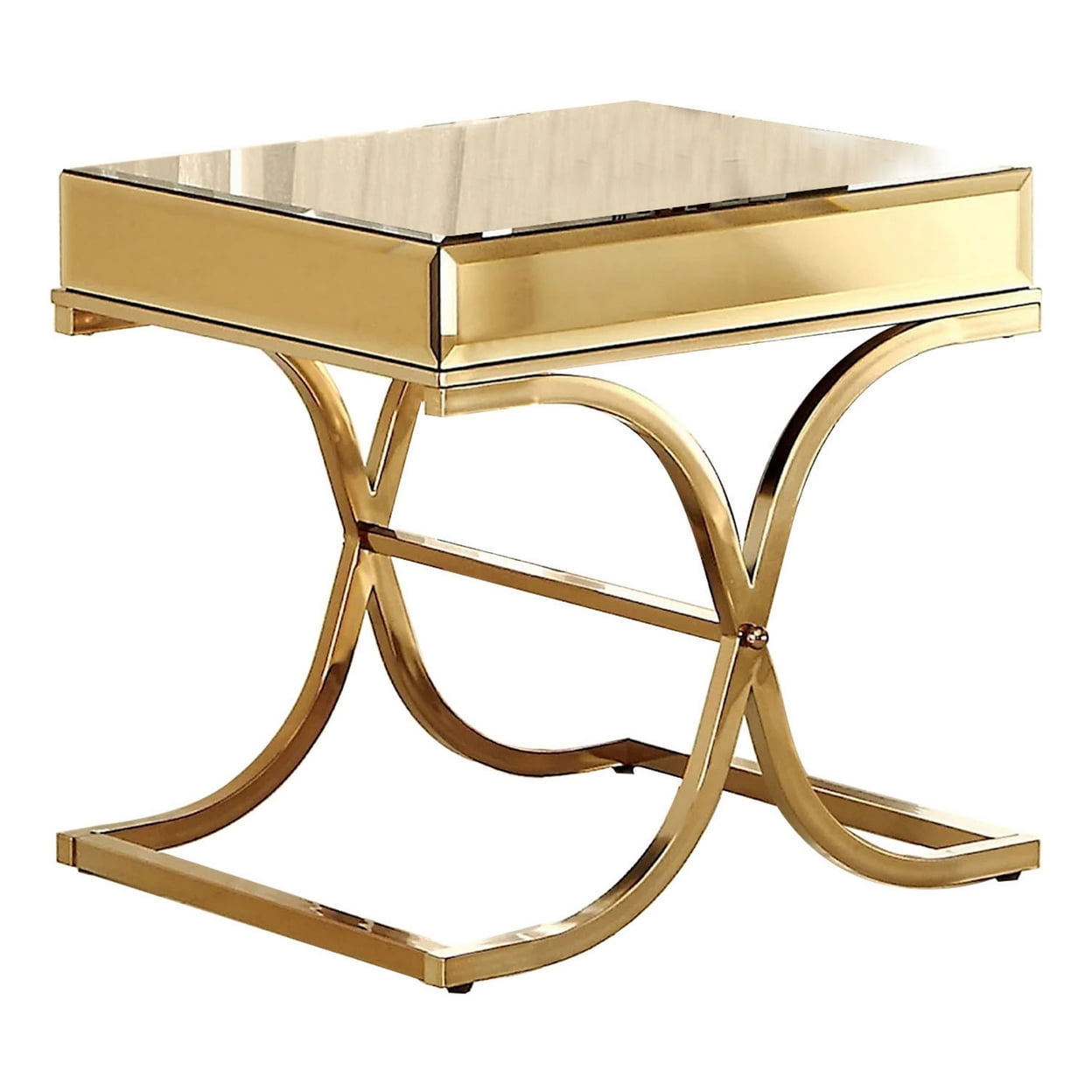Gavin 24 Inch Side End Table, Mirrored Panels, Curved Crossed Base, Gold- Saltoro Sherpi ...