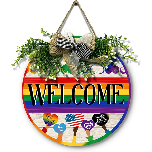 Gay Pride Progress Pride Rainbow Door Sign Welcome LGBTQ Love Heart ...