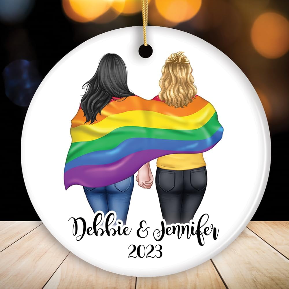 Gay Pride Women Couple with Rainbow Flag Personalized Christmas ...