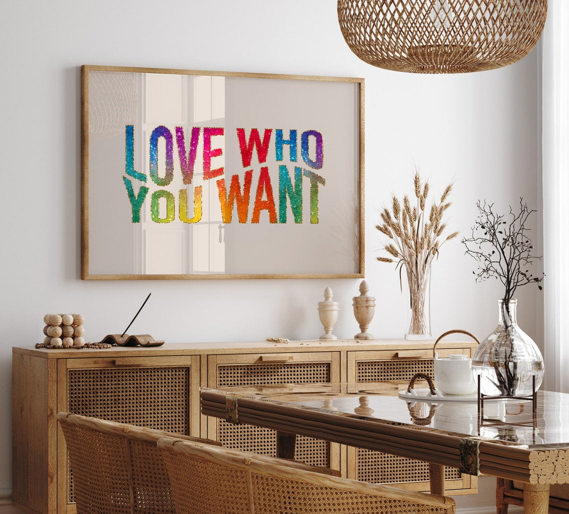 Gay Wall Art Love Who You Want LGBT June Pride Month Trendy Wavy Print ...