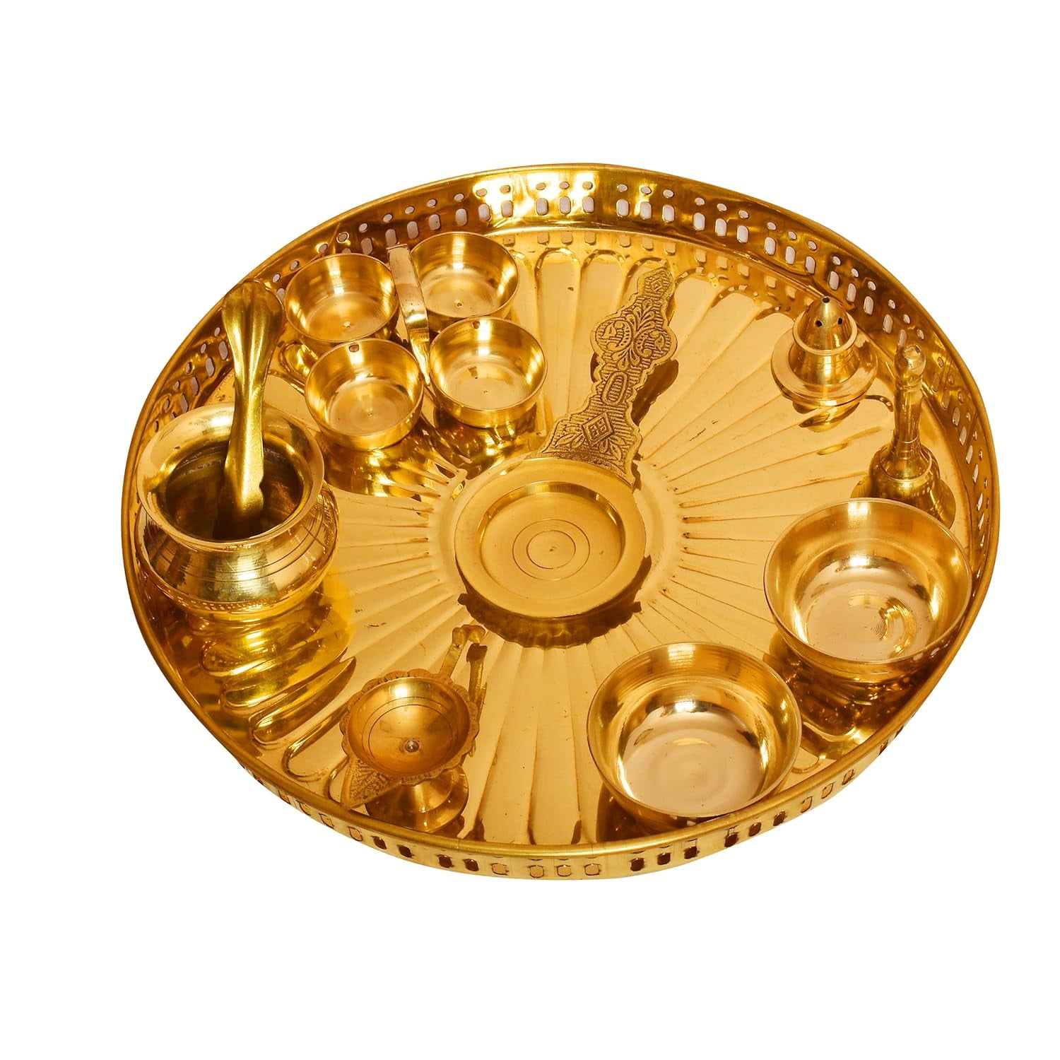 Gayatri Puja Thali with Plate Kalash Bowl Spoon Palli Ghanti Kuber Diya ...