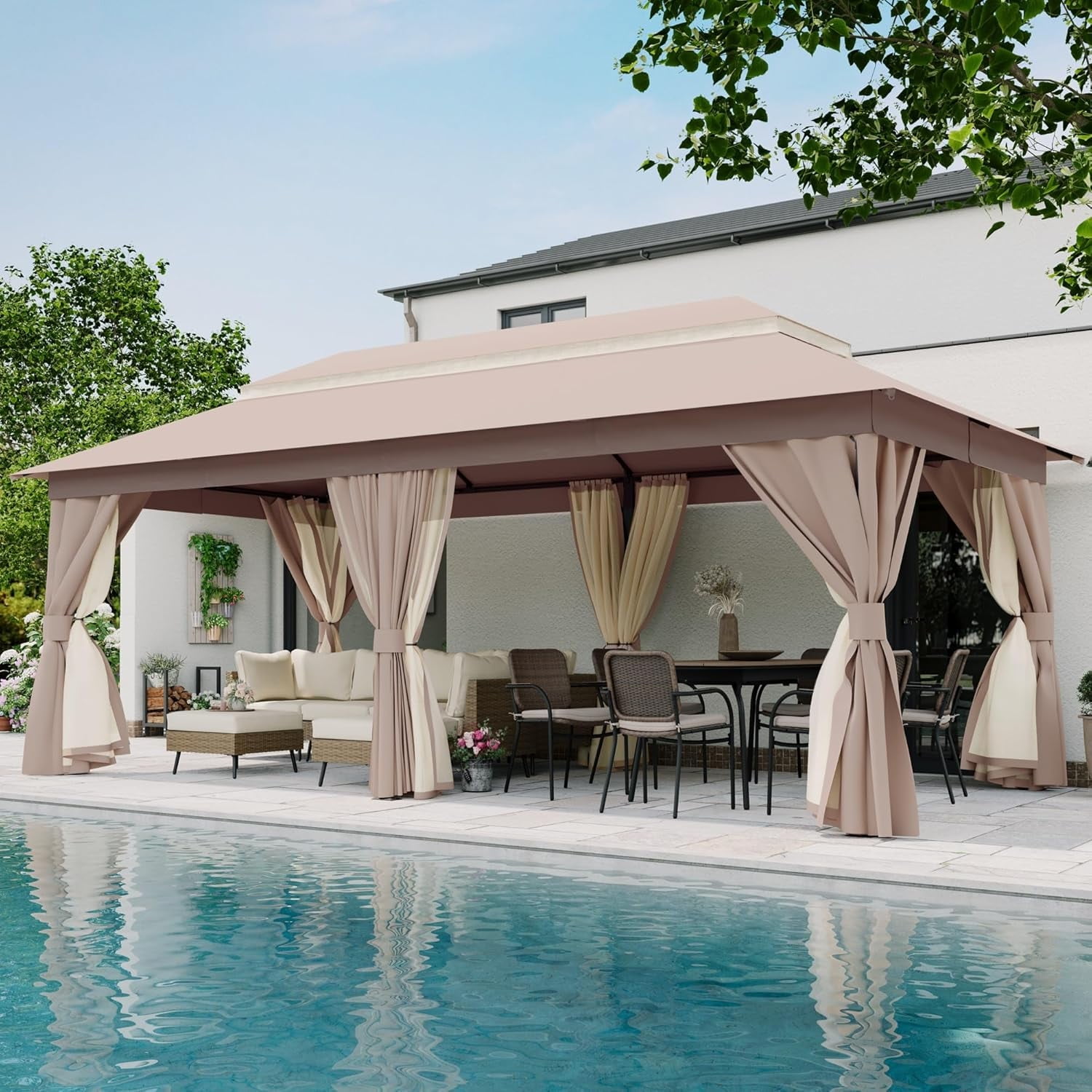Gazebo 10x20FT, Outdoor Gazebo with Double Roofs, Privacy Curtains ...