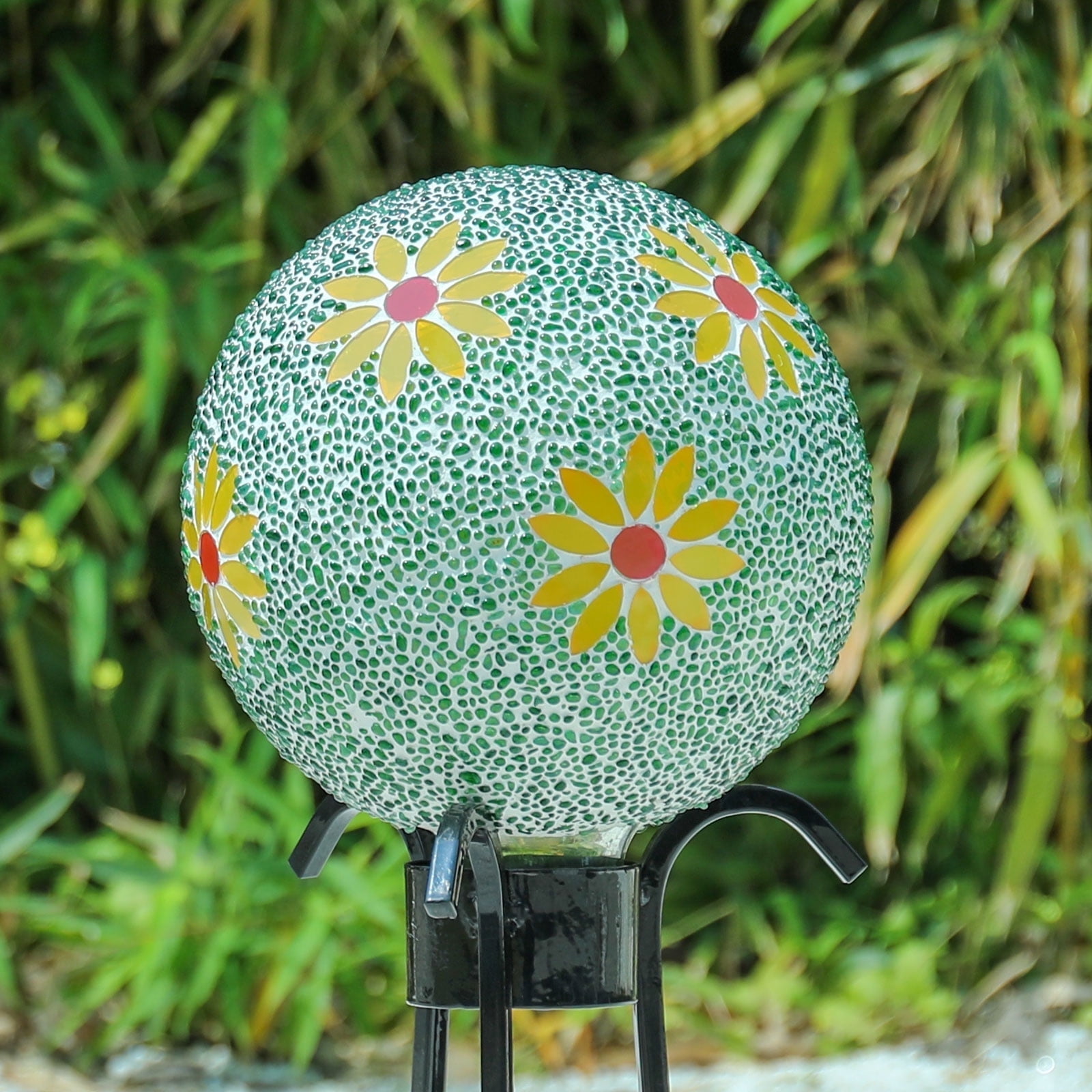 Wonder Garden Gazing Ball, Mosaic Glass Sphere, Sunflower Design, Green ...