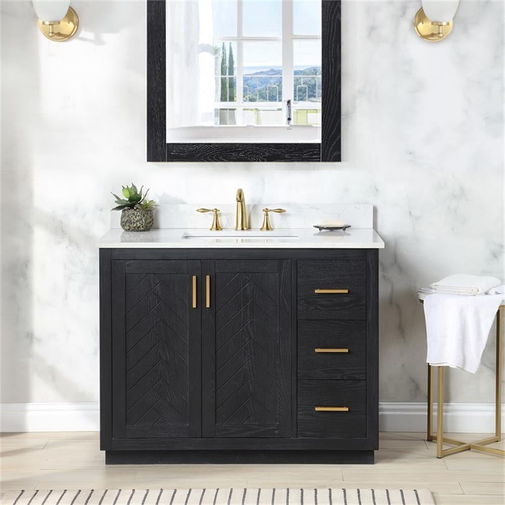 "Gazsi 42"" Black Oak Wood Vanity with Composite Stone Top, Chevron ...