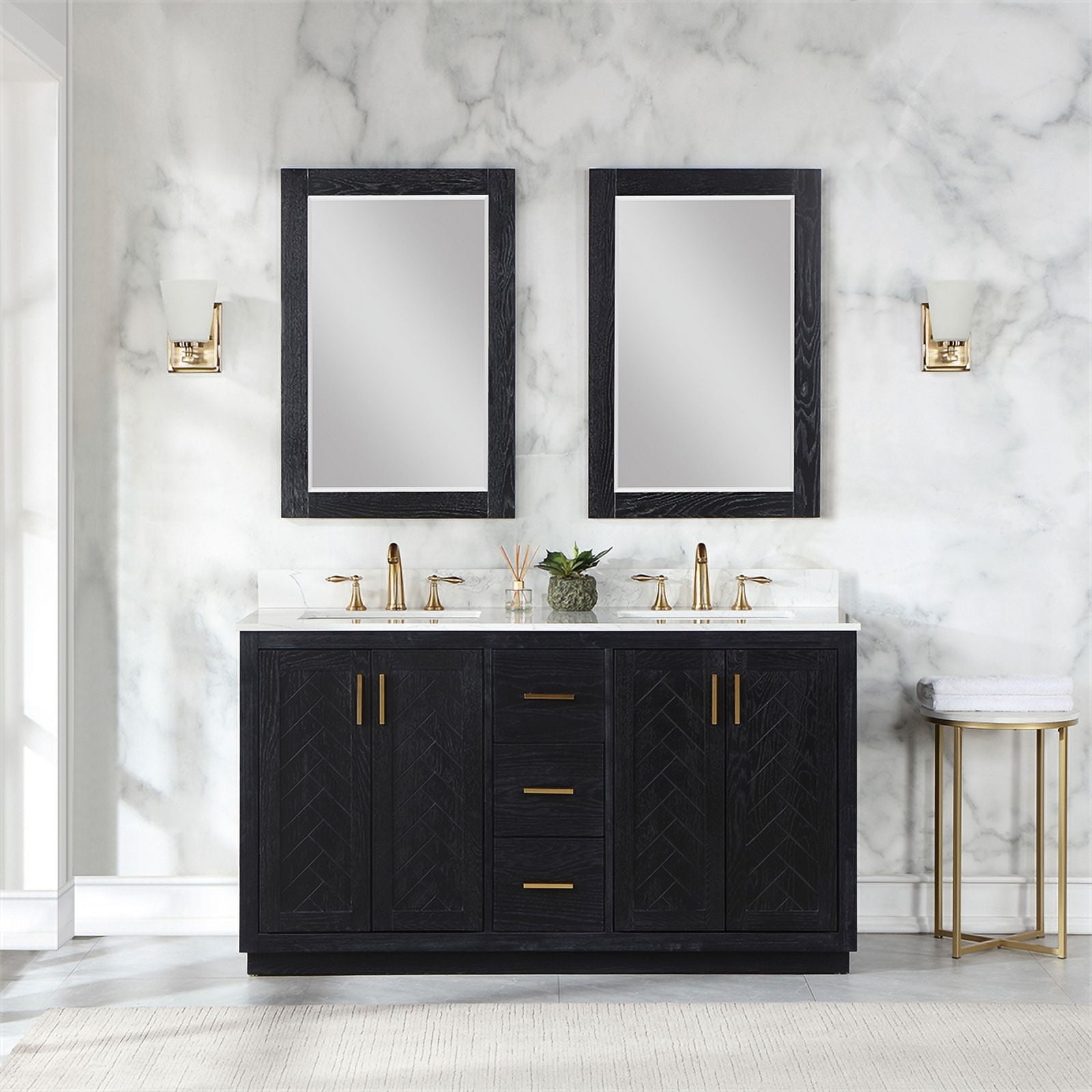 Gazsi 60" Double Bathroom Vanity Set in Black Oak with Grain White ...