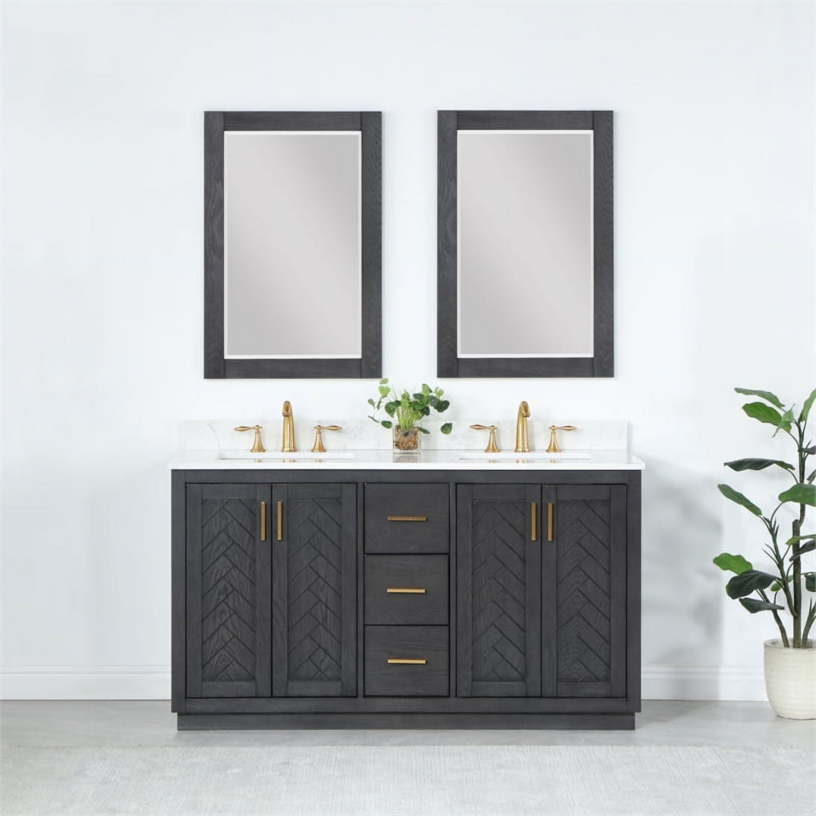 Gazsi 60" Double Bathroom Vanity Set in Brown Oak with Grain White ...